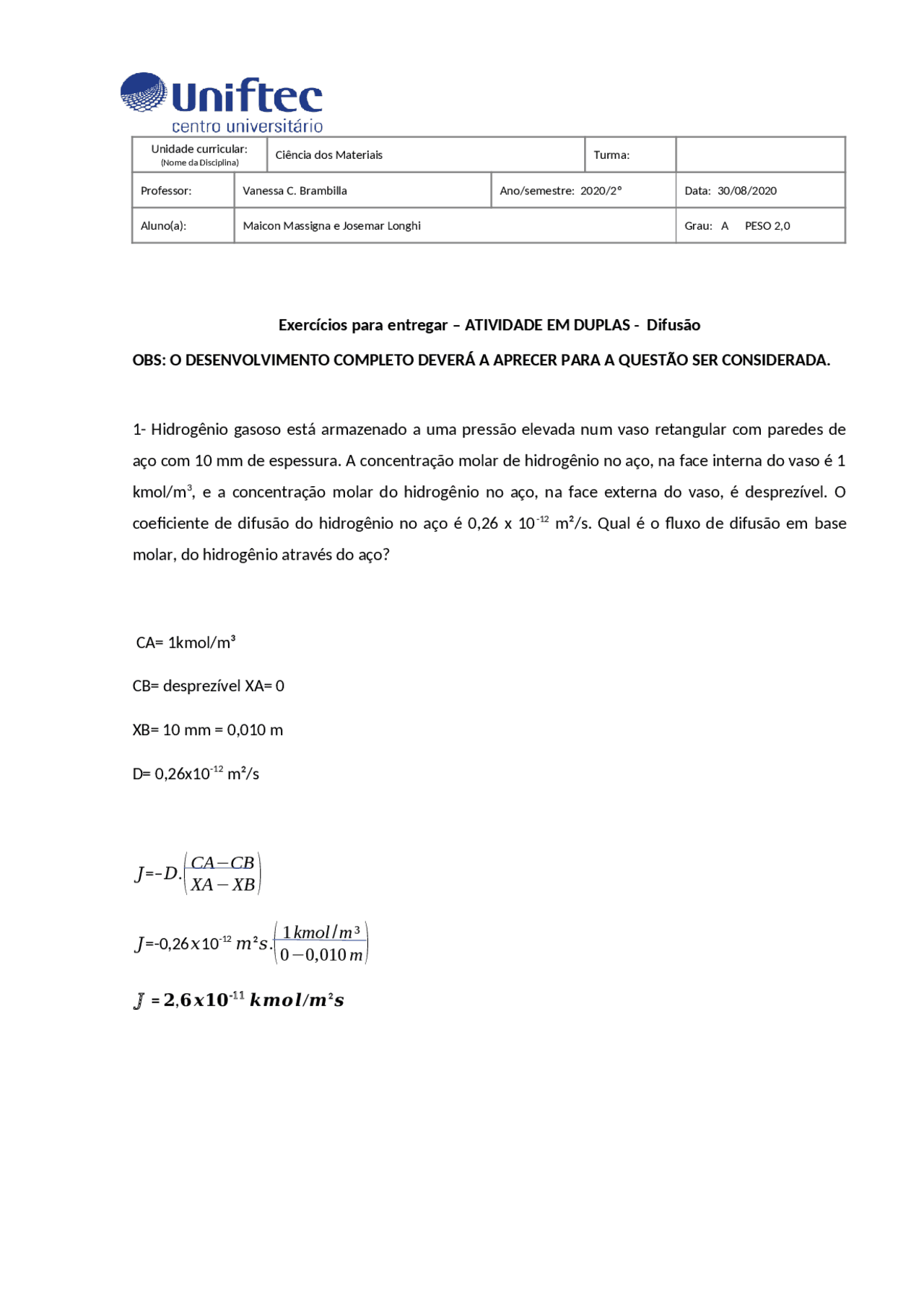 Perda de cargas em tubos de PVC | Exercícios Física | Docsity