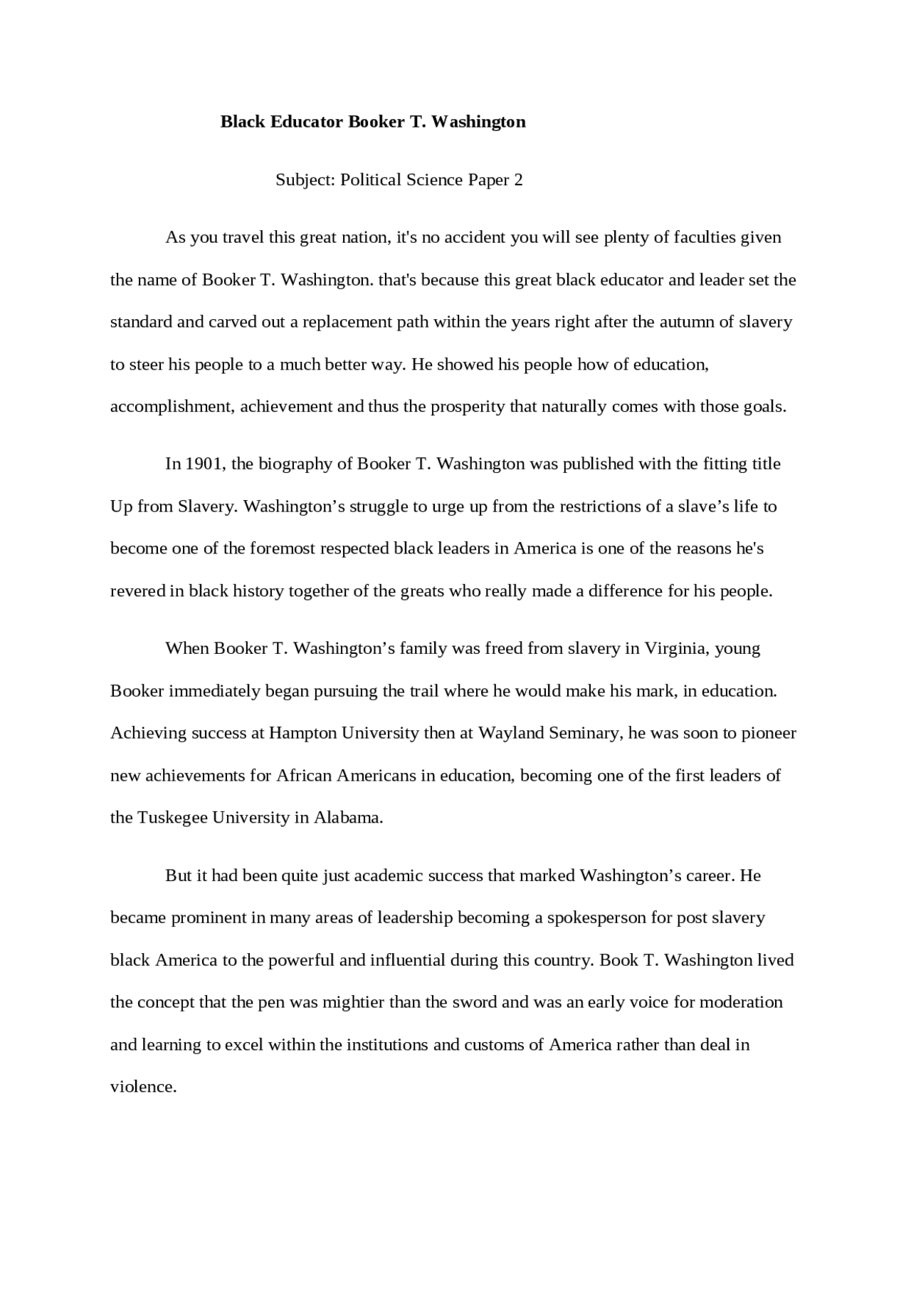 Black Educator Booker T. Washington - Docsity