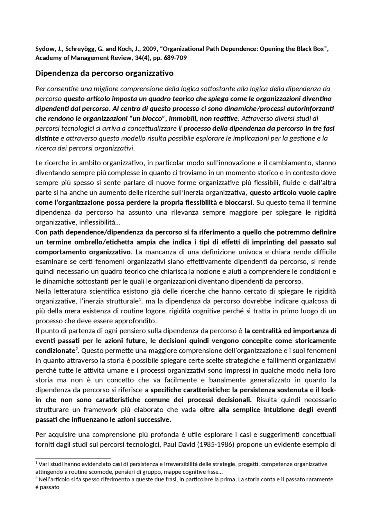 “Organizational Path Dependence" Traduzione articolo - Docsity