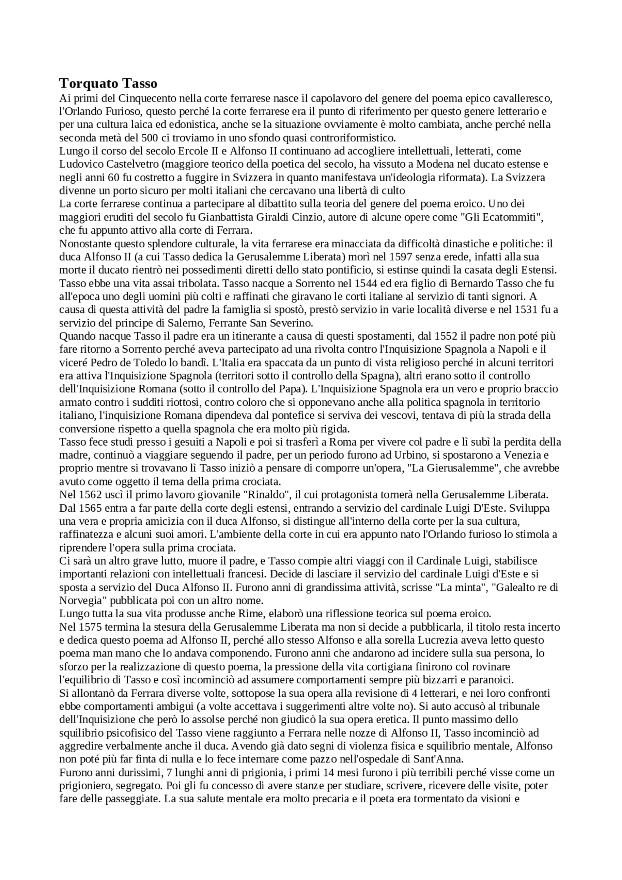 Torquato Tasso Riassunti Opere Docsity