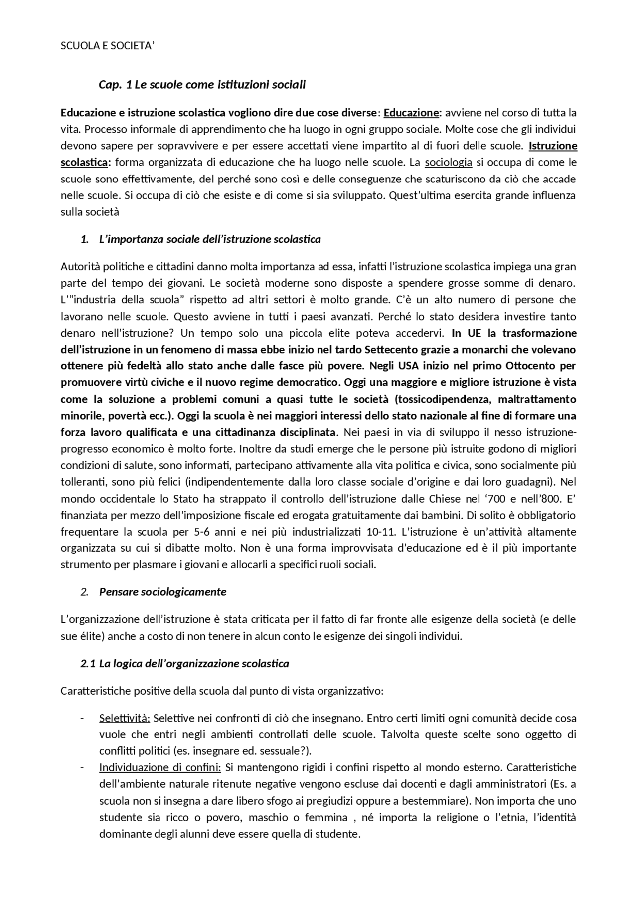 Riassunto Scuola E Società S Brint Docsity