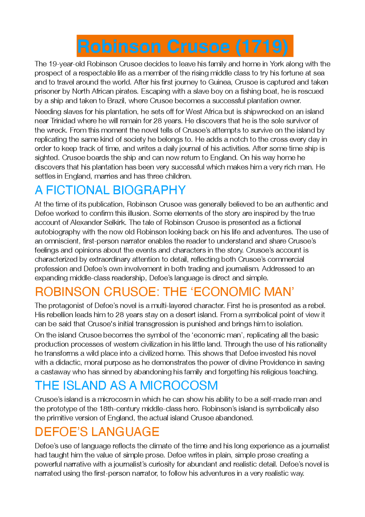 Riassunto Tematiche E Contenuti Generali Robinson Crusoe In Inglese