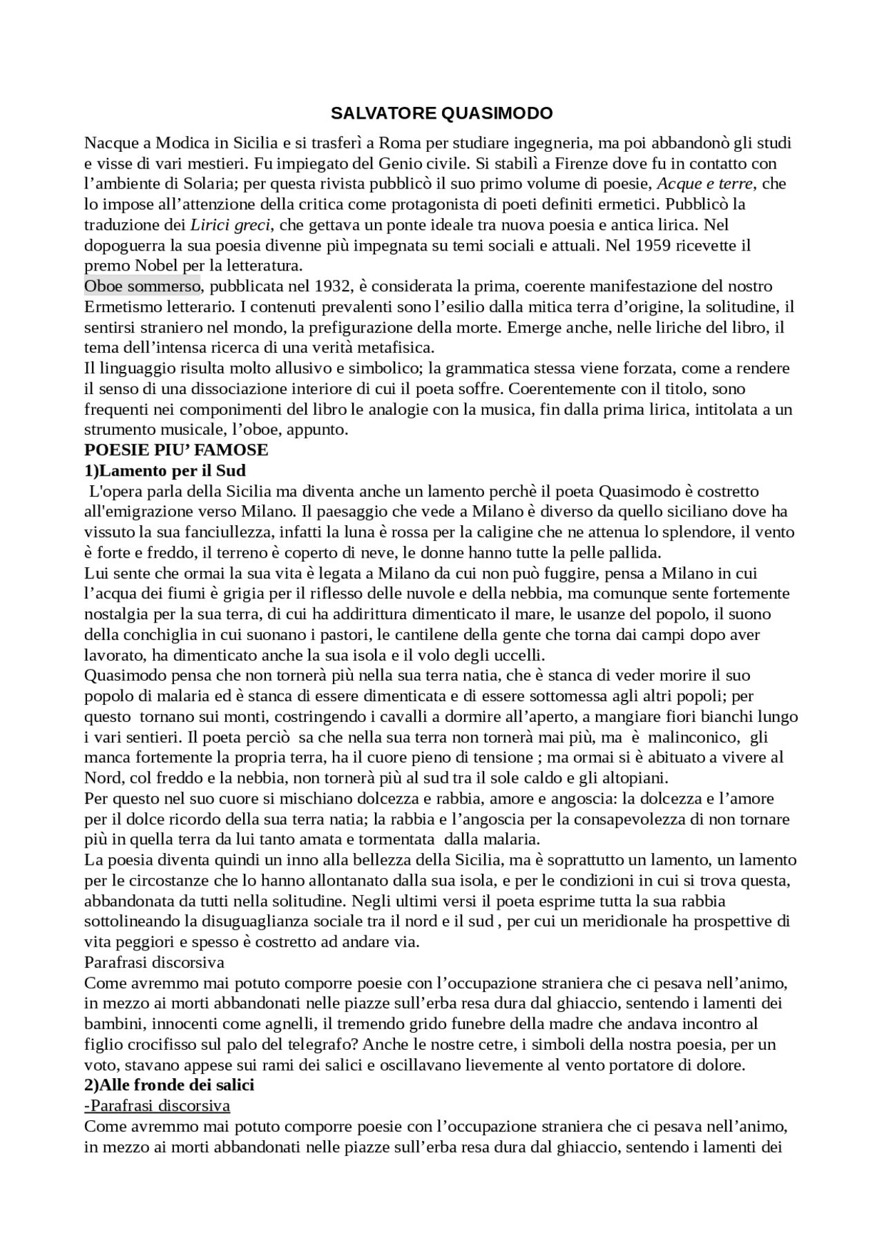 Quasimodo Vita E Opere Docsity