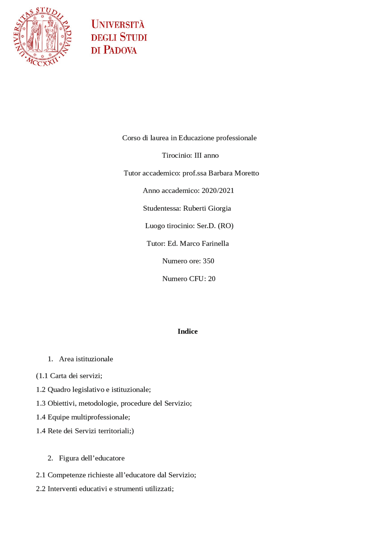 Relazione Finale Tirocinio Iii Anno Docsity