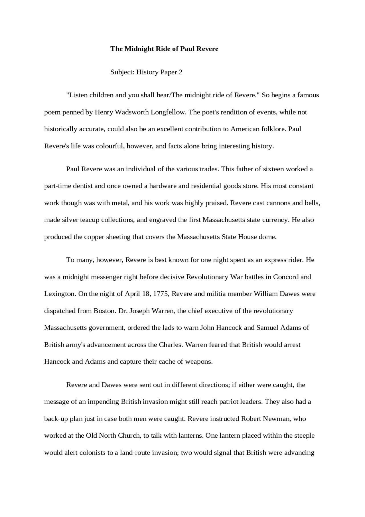 The Midnight Ride of Paul Revere - Docsity