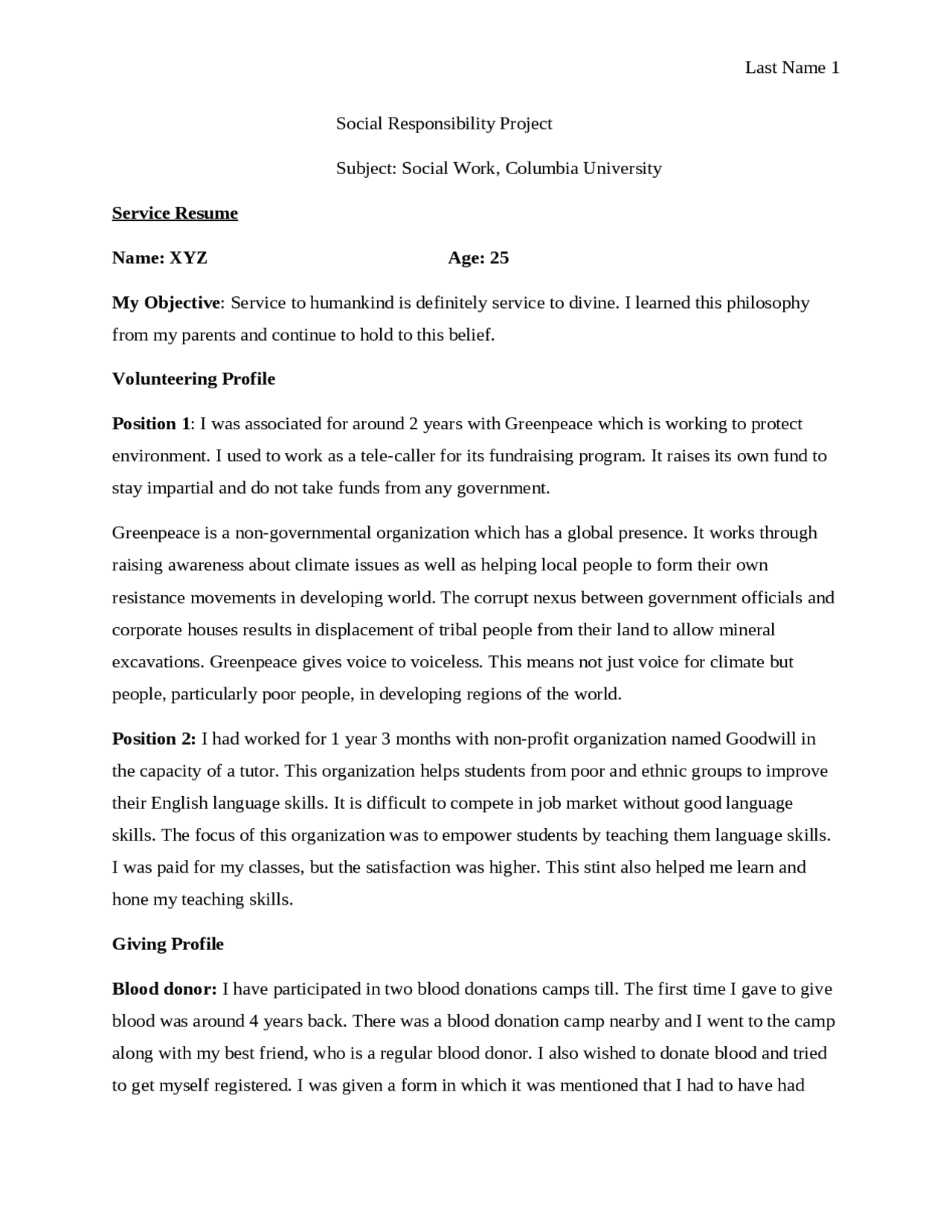 Social Responsibility Project | Essays (university) Social Work | Docsity