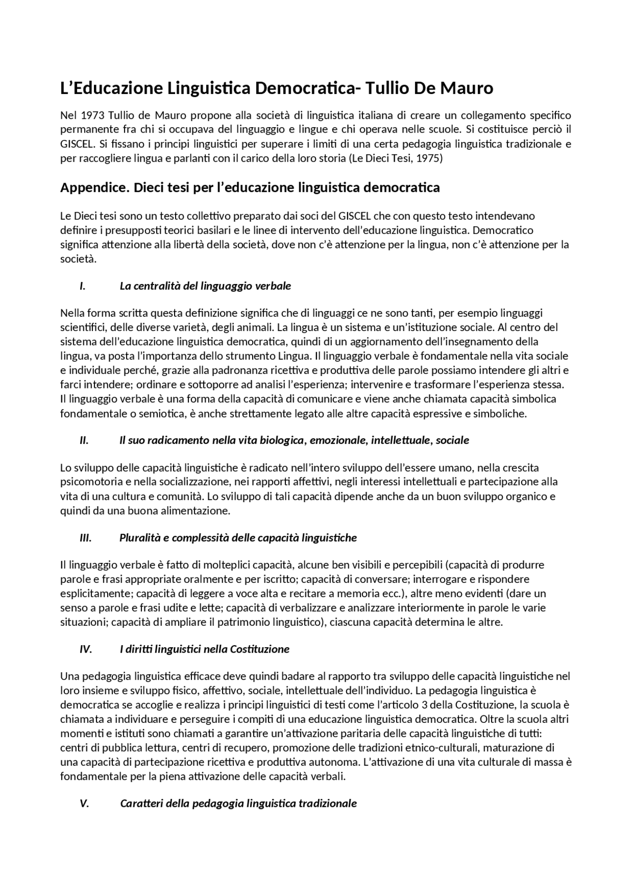 Le Dieci Tesi Di Tullio De Mauro Docsity
