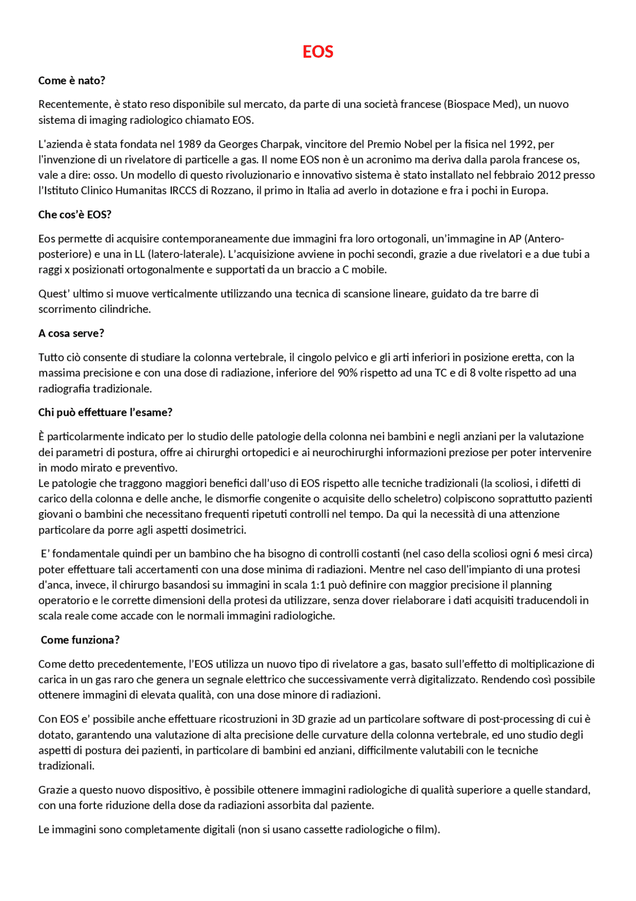 EOS apparecchiature radiologiche - Docsity