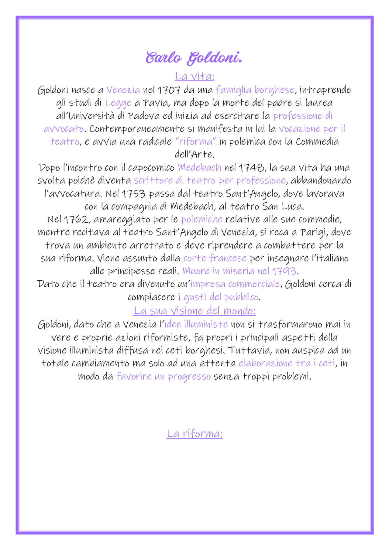 Riassunto Della Vita E Delle Idee Di Carlo Goldoni Docsity