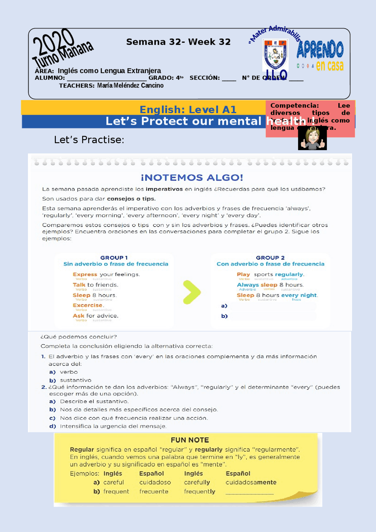 SEMANA 32 INGLES 1234556789 | Ejercicios de Inglés | Docsity