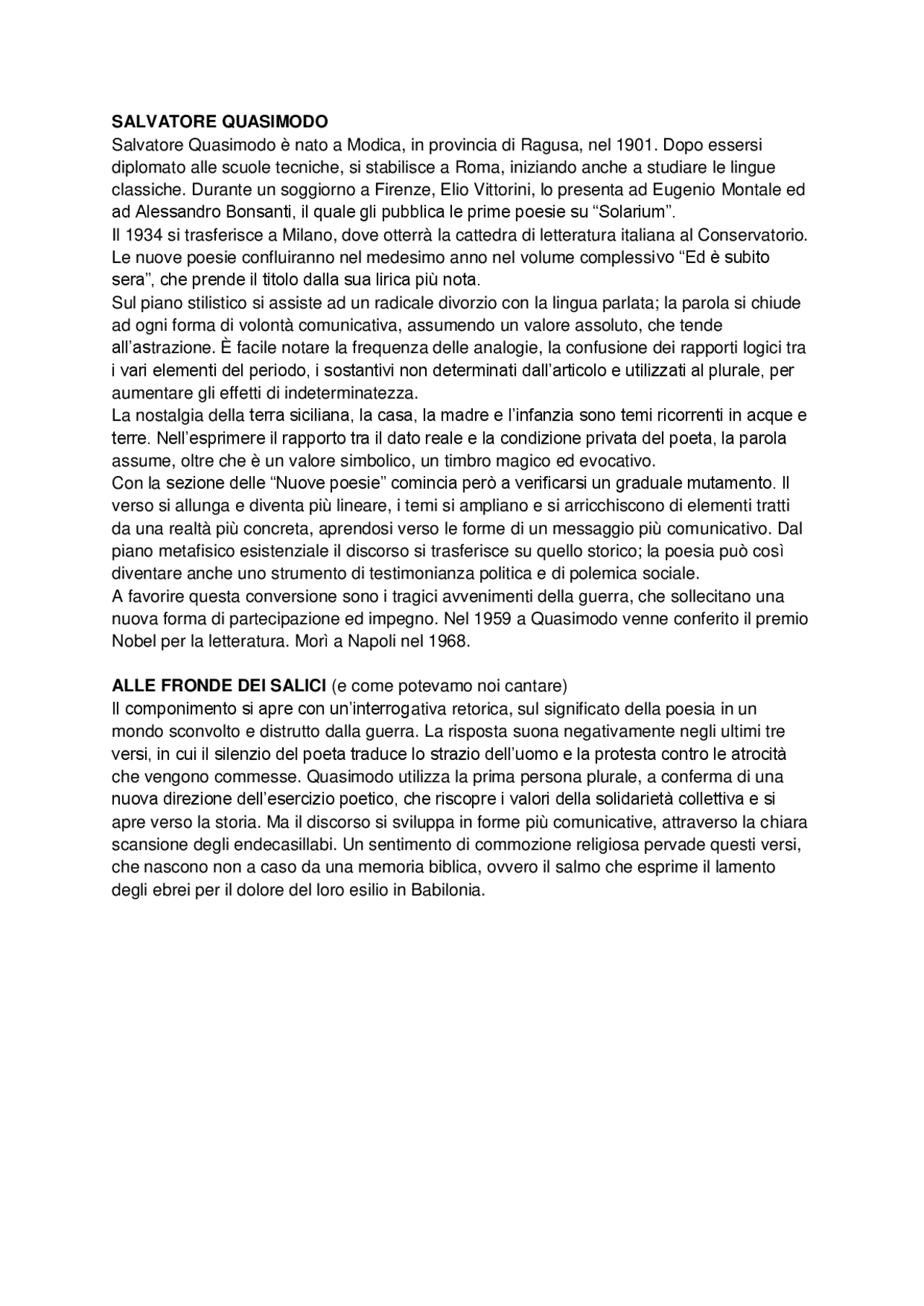 Salvatore Quasimodo Vita Ed Opere Docsity