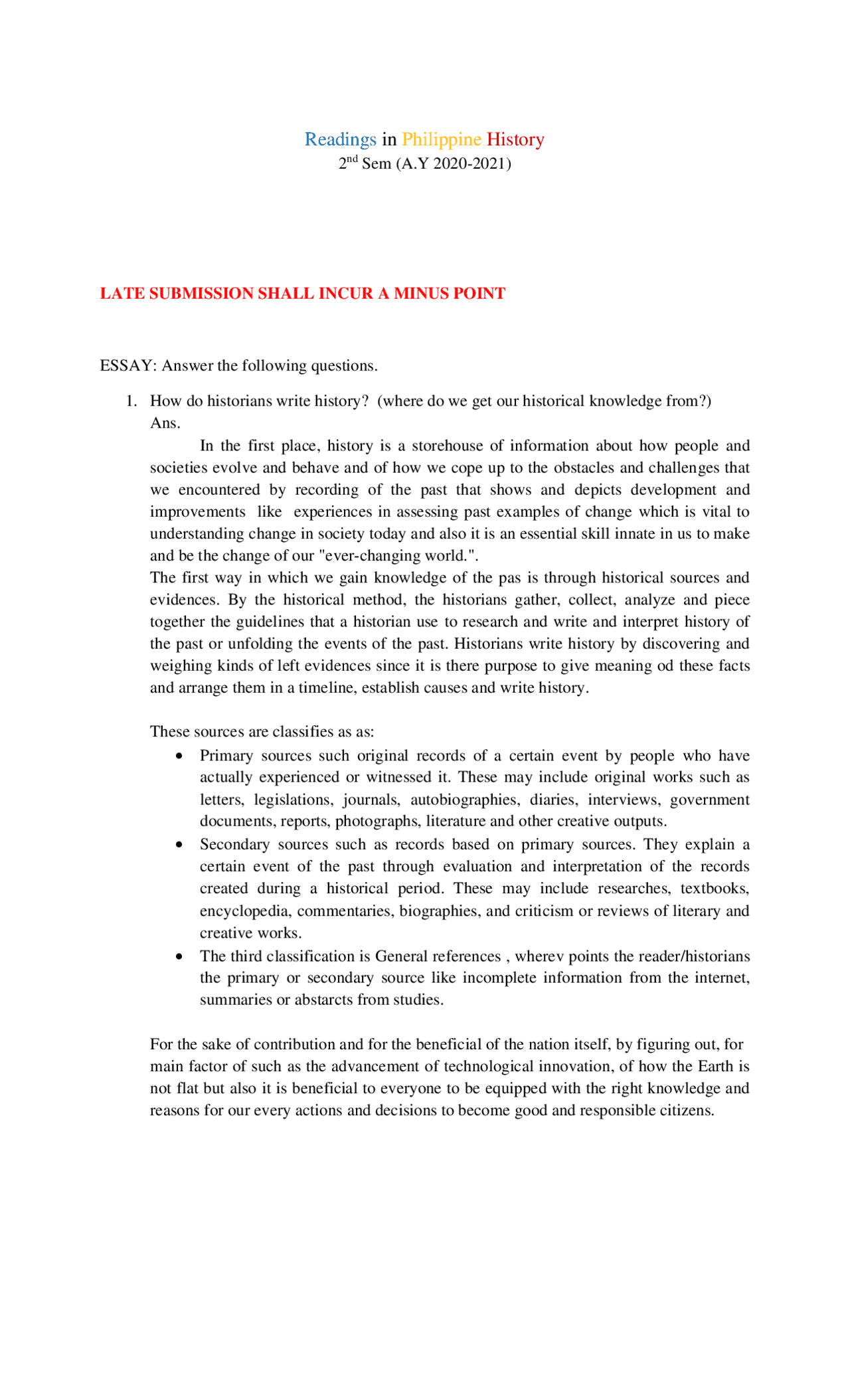 Essays On Readings In Philippine History Assignments Ethics Docsity