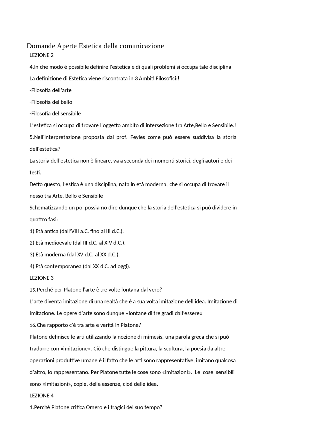 Paniere Domande Aperte Estetica Della Comunicazione Docsity