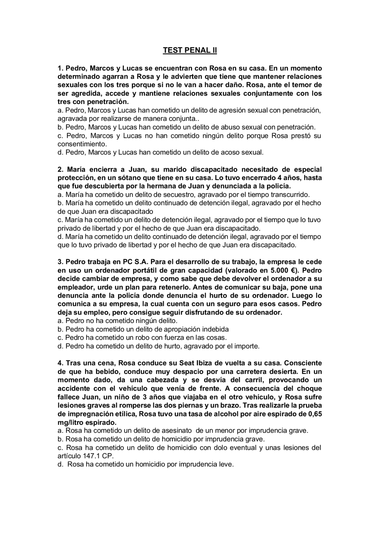 Test Derecho Penal Ii Parte Especial Exámenes De Derecho Penal Docsity