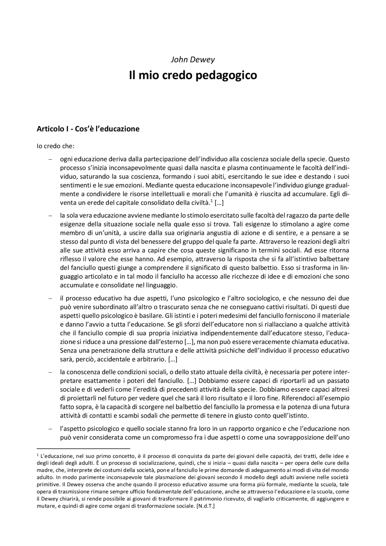 Riassunto Credo Pedagogico Dewey Docsity