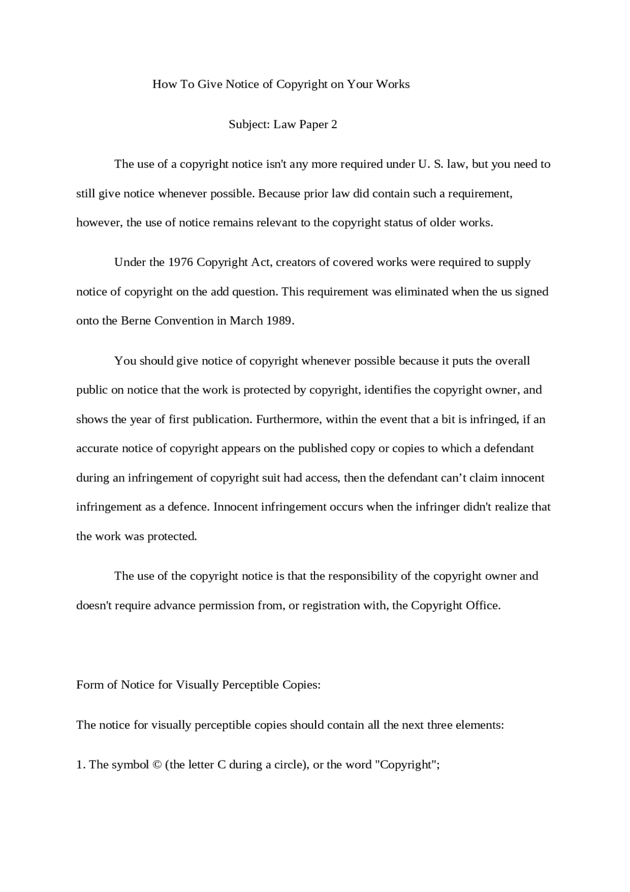 How To Give Notice Of Copyright On Your Works Docsity