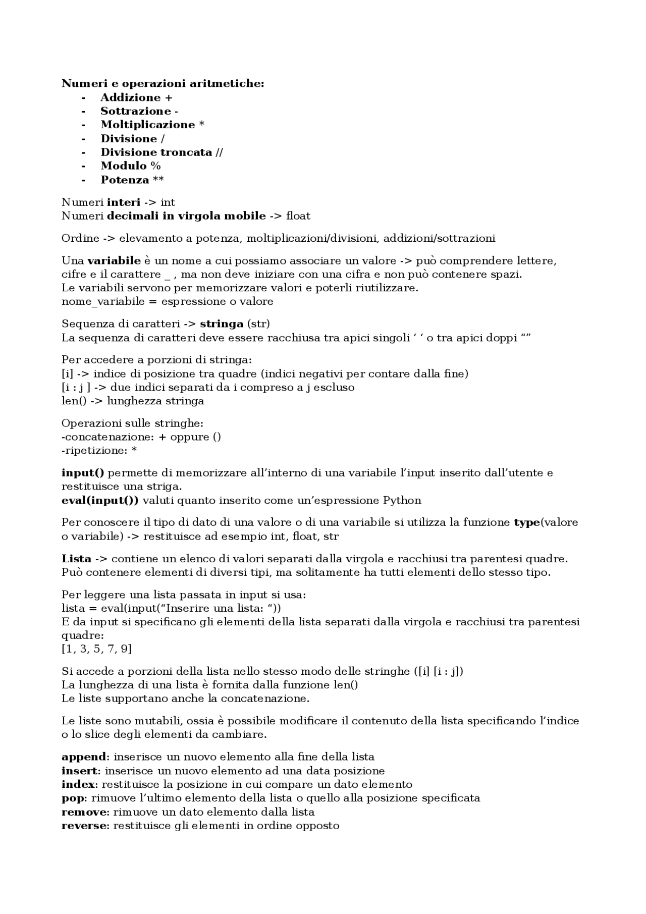 Linguaggio Di Programmazione Python Appunti Schematici Operazioni Di