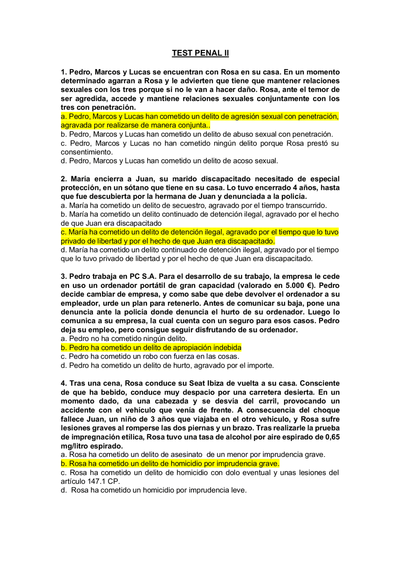 Test Derecho Penal Ii Parte Especial Docsity
