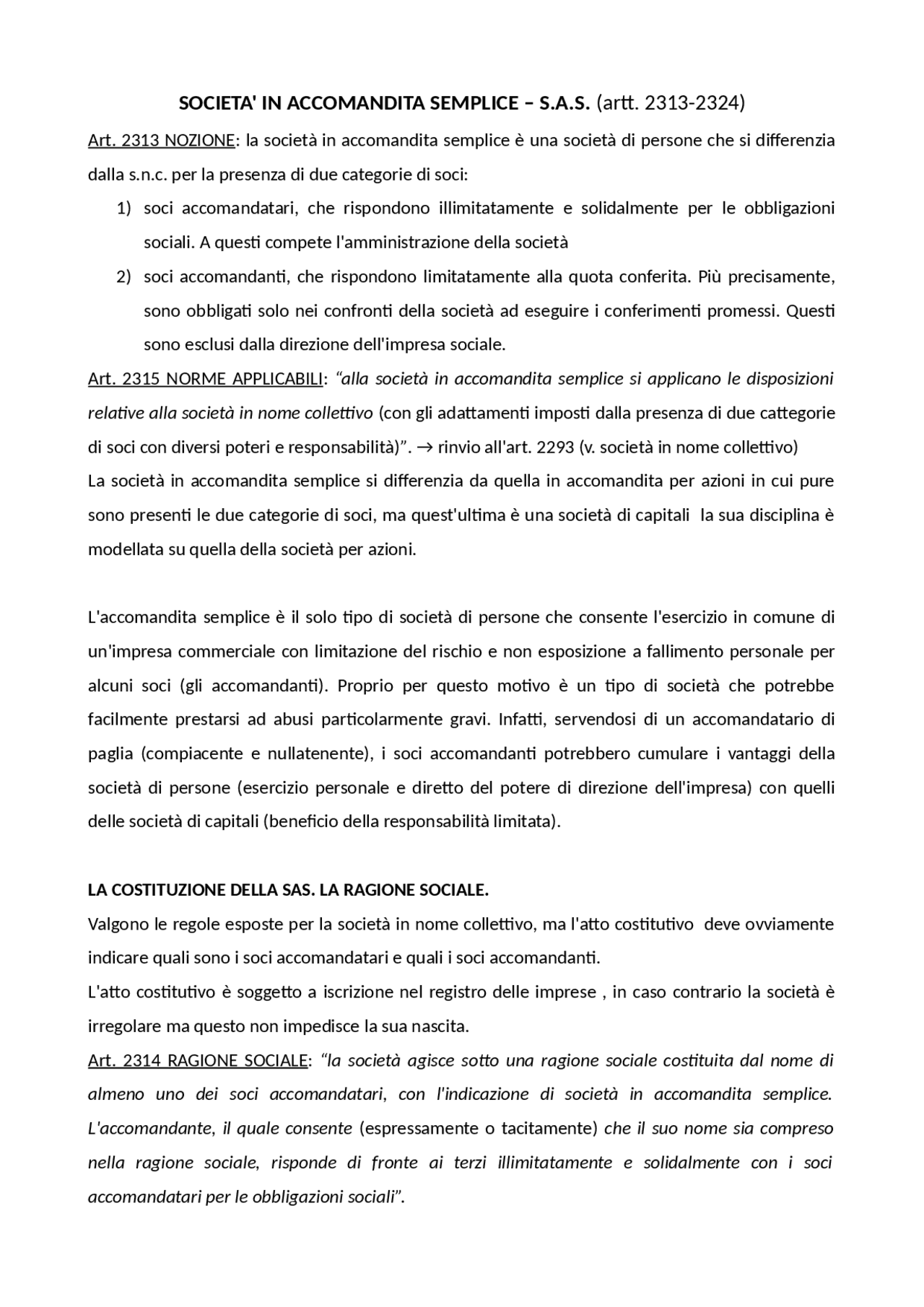 Società In Accomandita Semplice Docsity