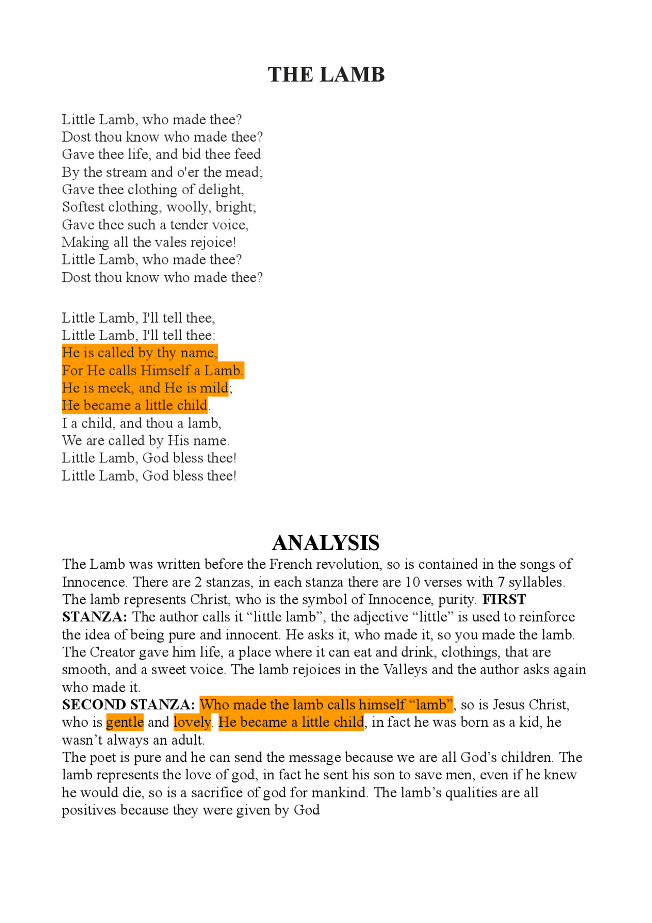 Analisi poesia The lamb, The tiger, the chimney sweeper, daffodils - Docsity