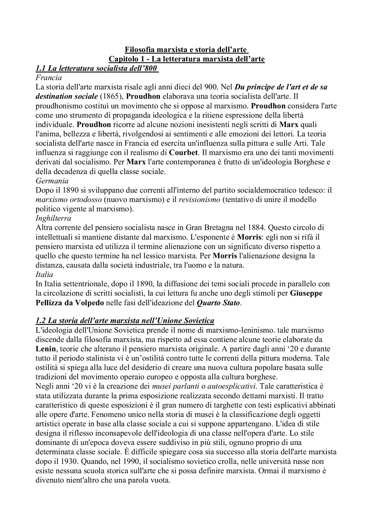 Filosofia marxista e storia dell'arte Sintesi - Docsity