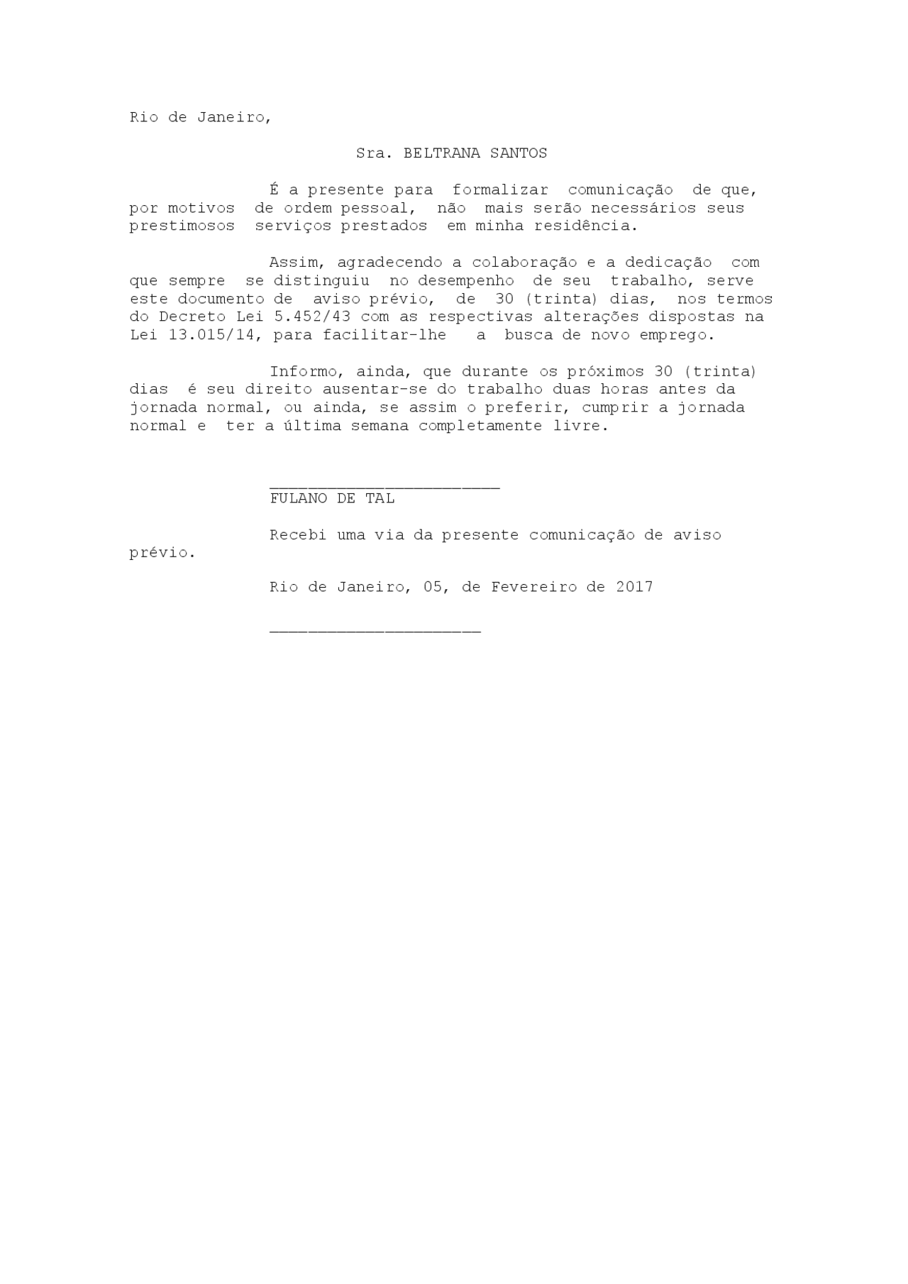 Modelo de aviso prévio para contrato de trabalho - Docsity