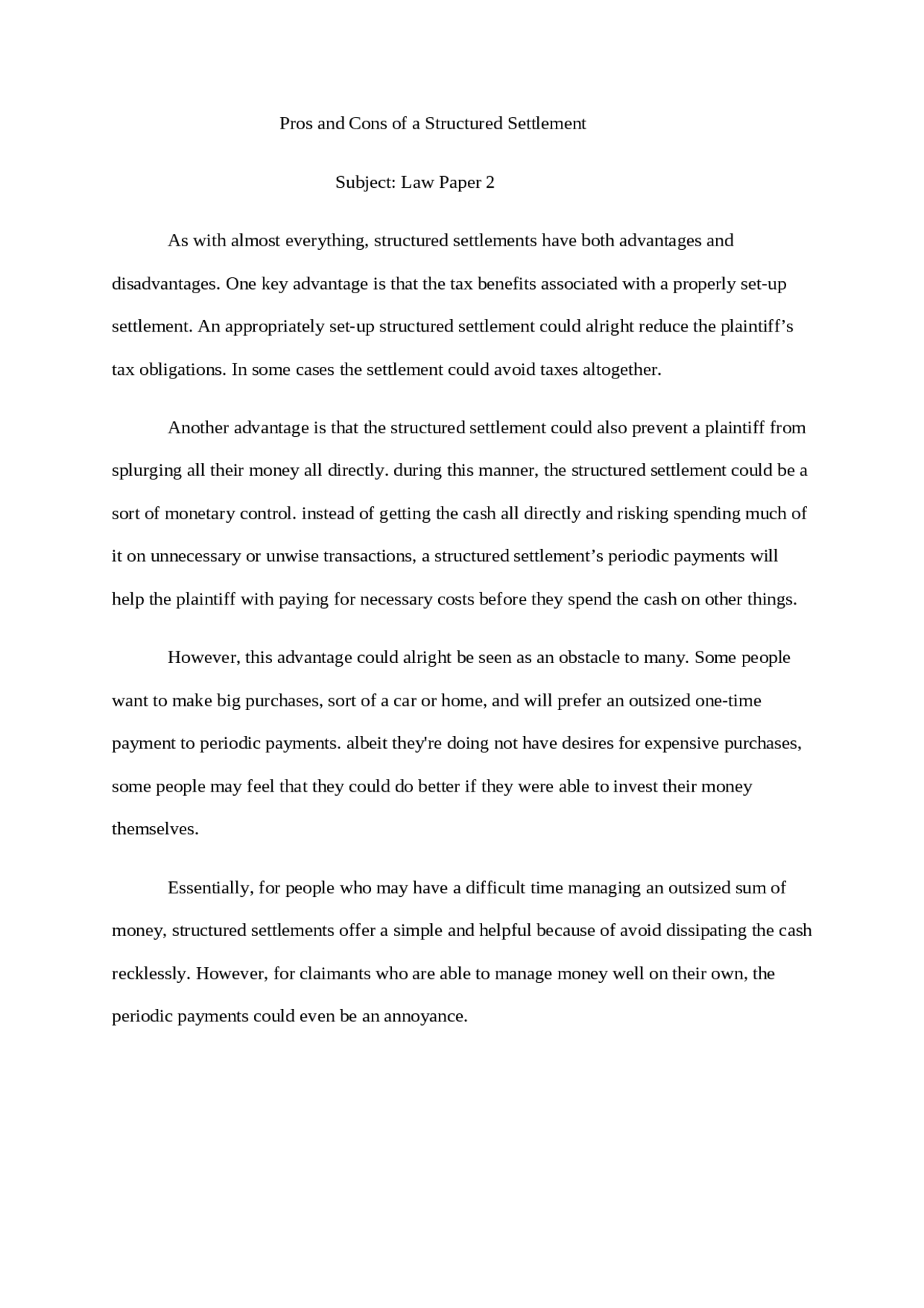 Pros and Cons of a Structured Settlement - Docsity