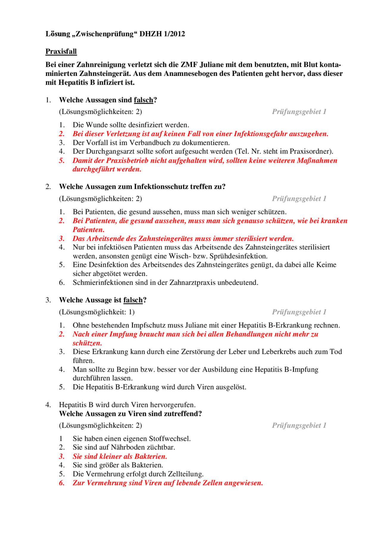 Lösung „Zwischenprüfung“ DHZH 1/2012 - Zahnmedizin - Docsity