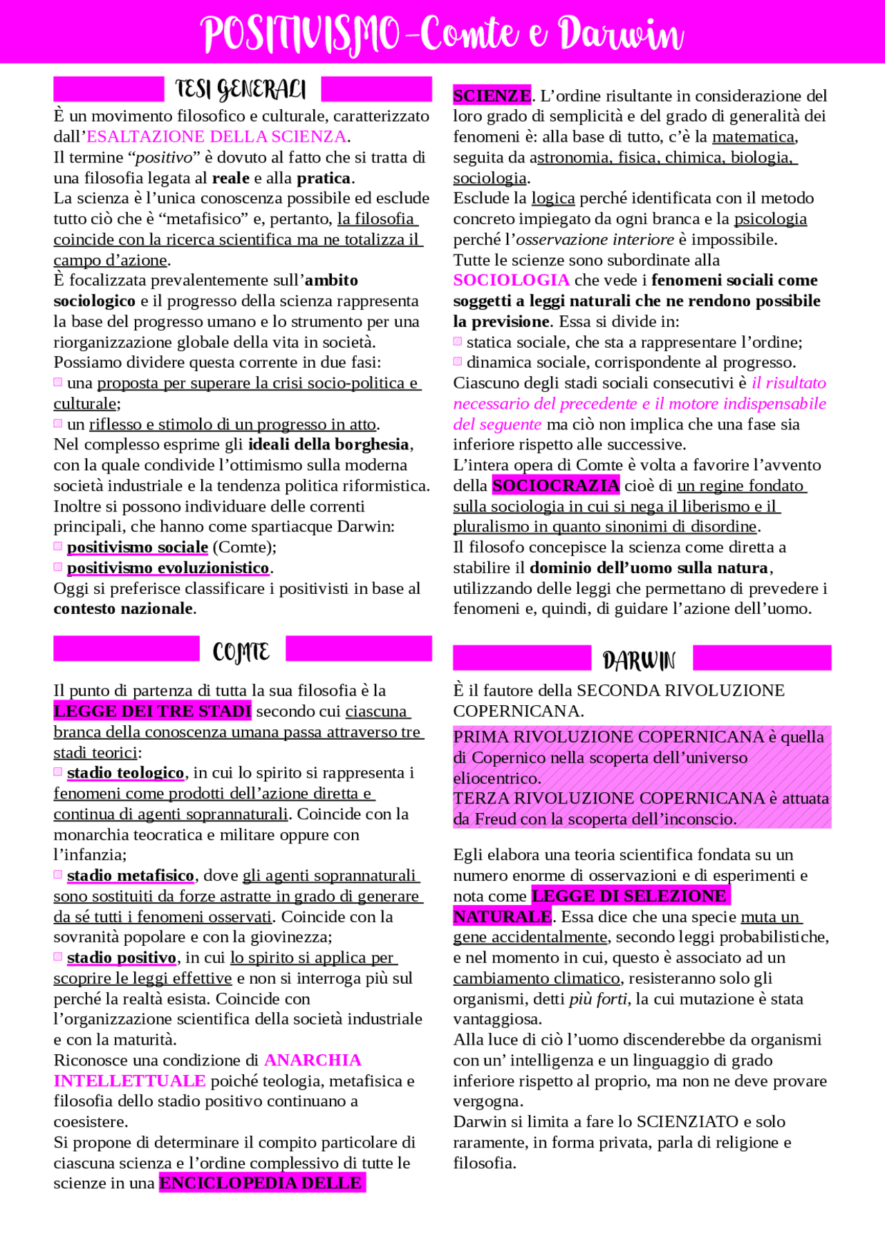 Sintesi Positivismo Comte E Darwing Per Maturità Docsity