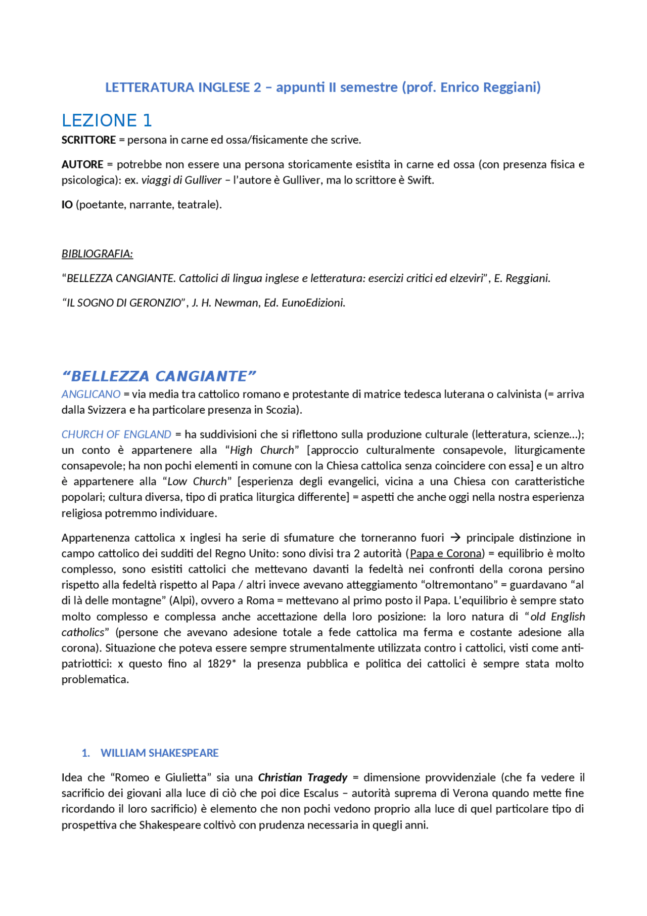 Letteratura Inglese 2 Ii Semestre Prof Reggiani Appunti Di