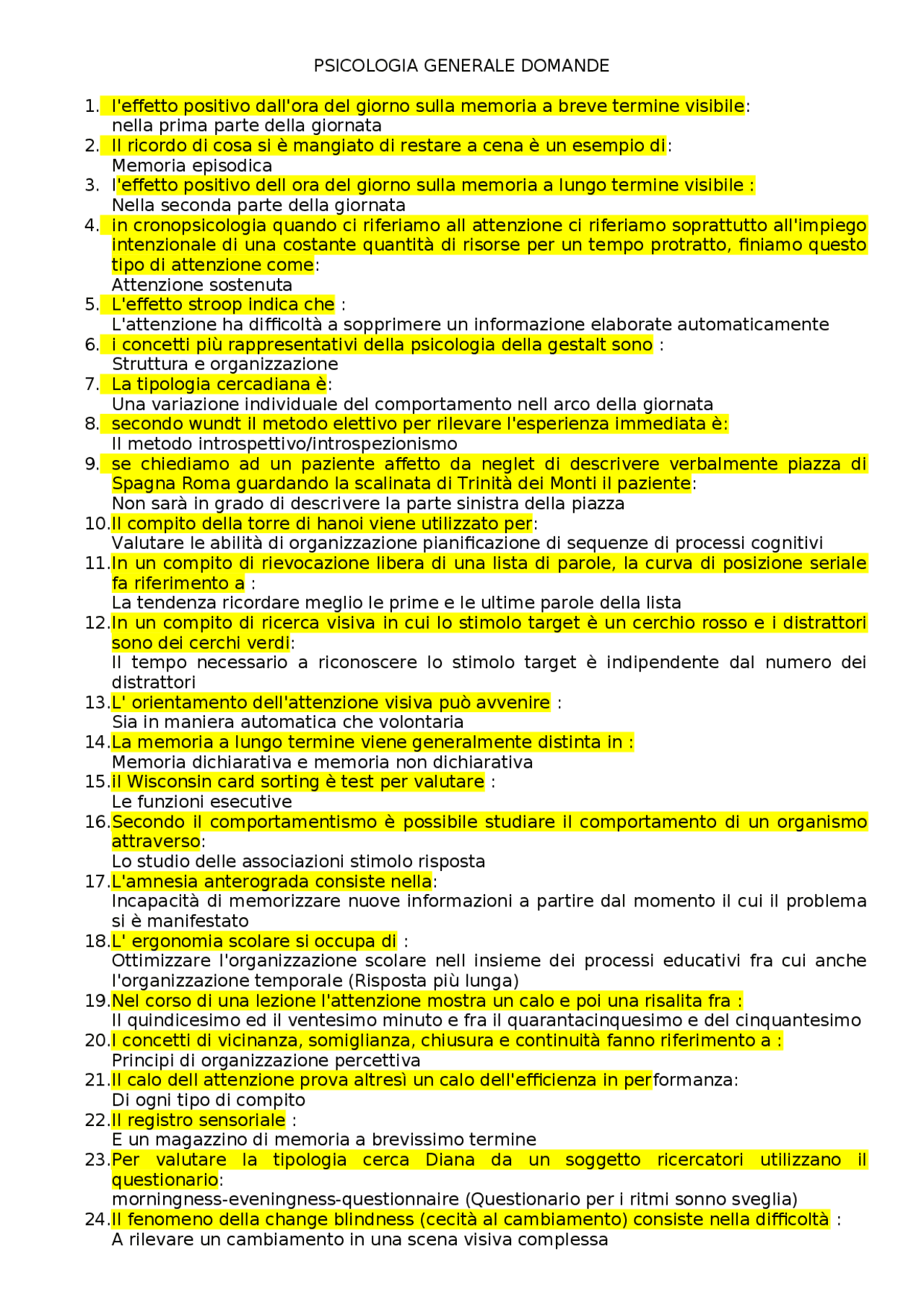 Domande Psicologia Generale Docsity