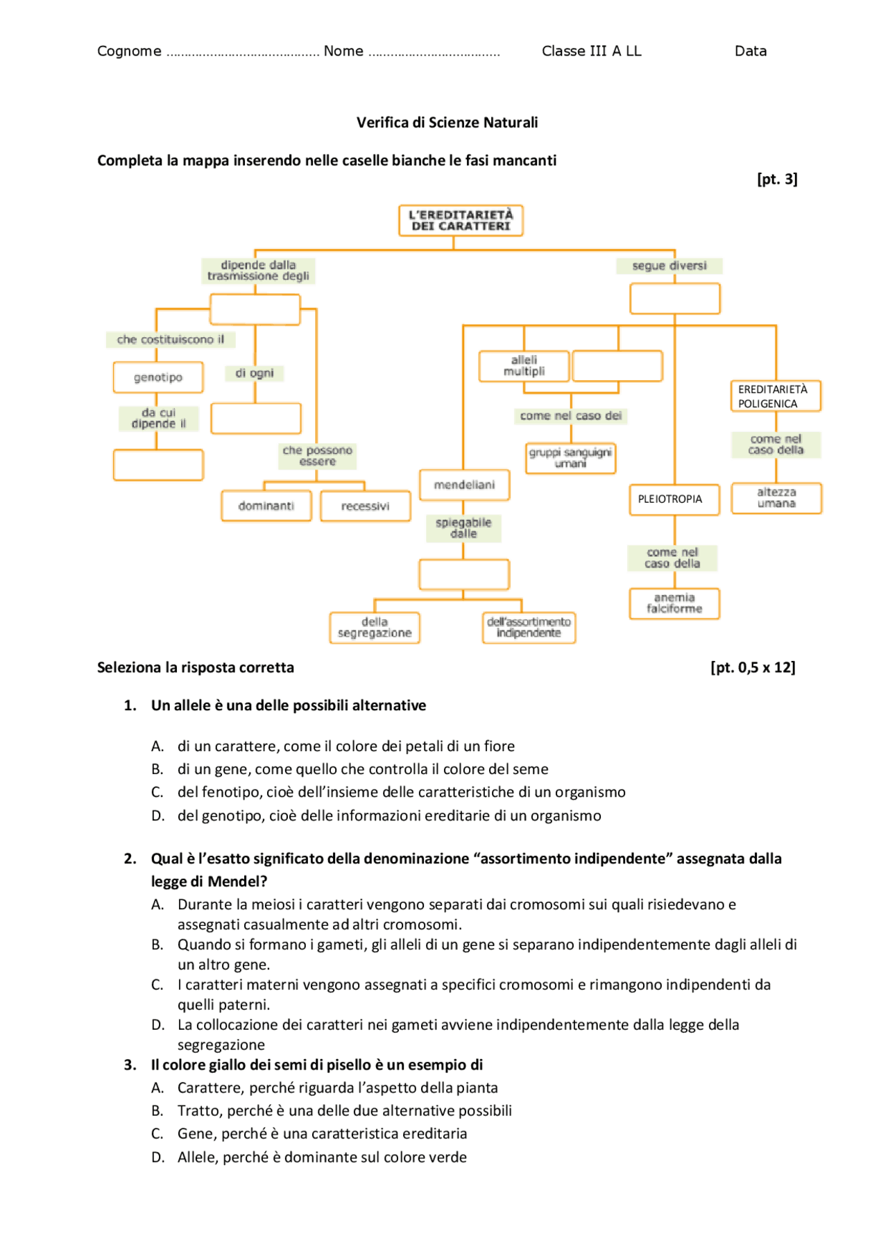 Verifica Sulle Leggi Di Mendel Prove Desame Di Biologia Docsity