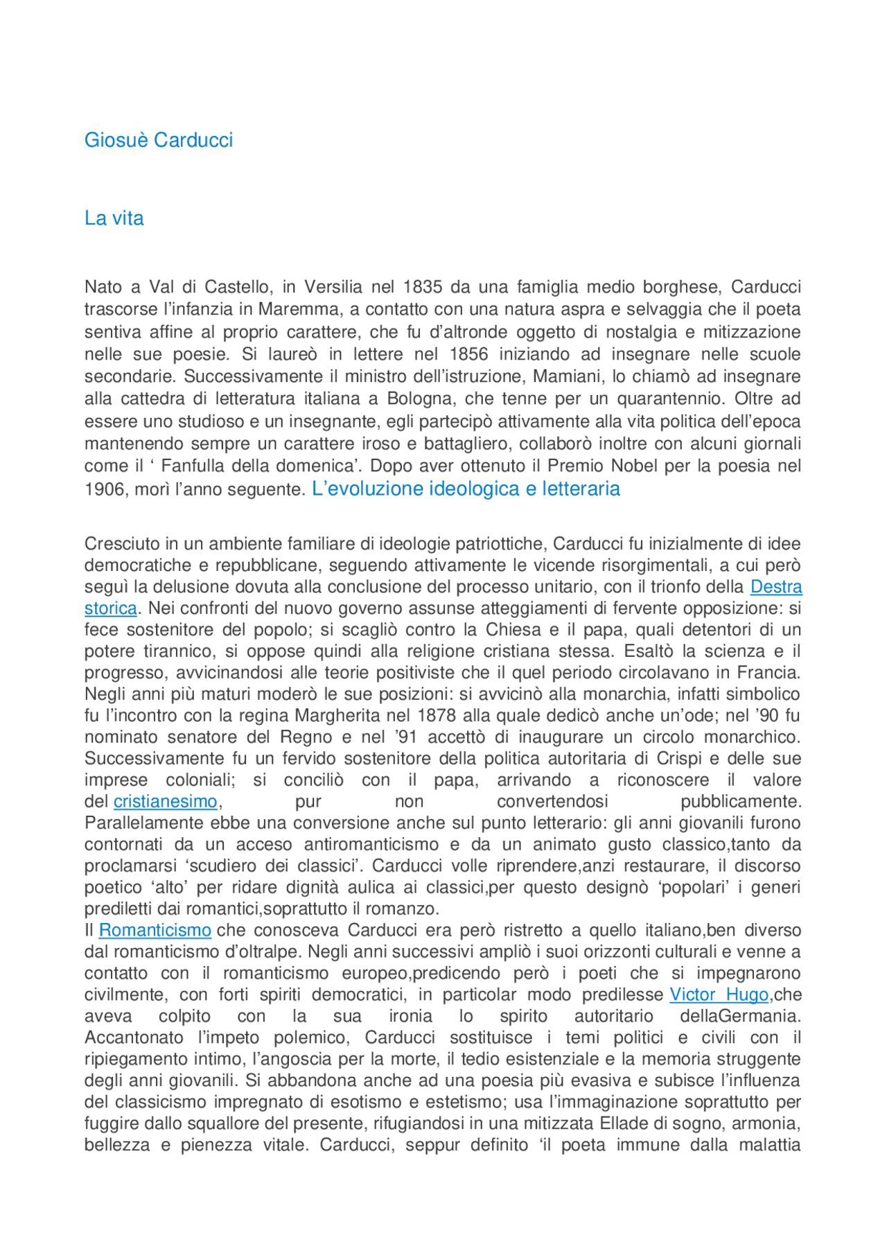 Giosuè Carducci Riassunto Docsity
