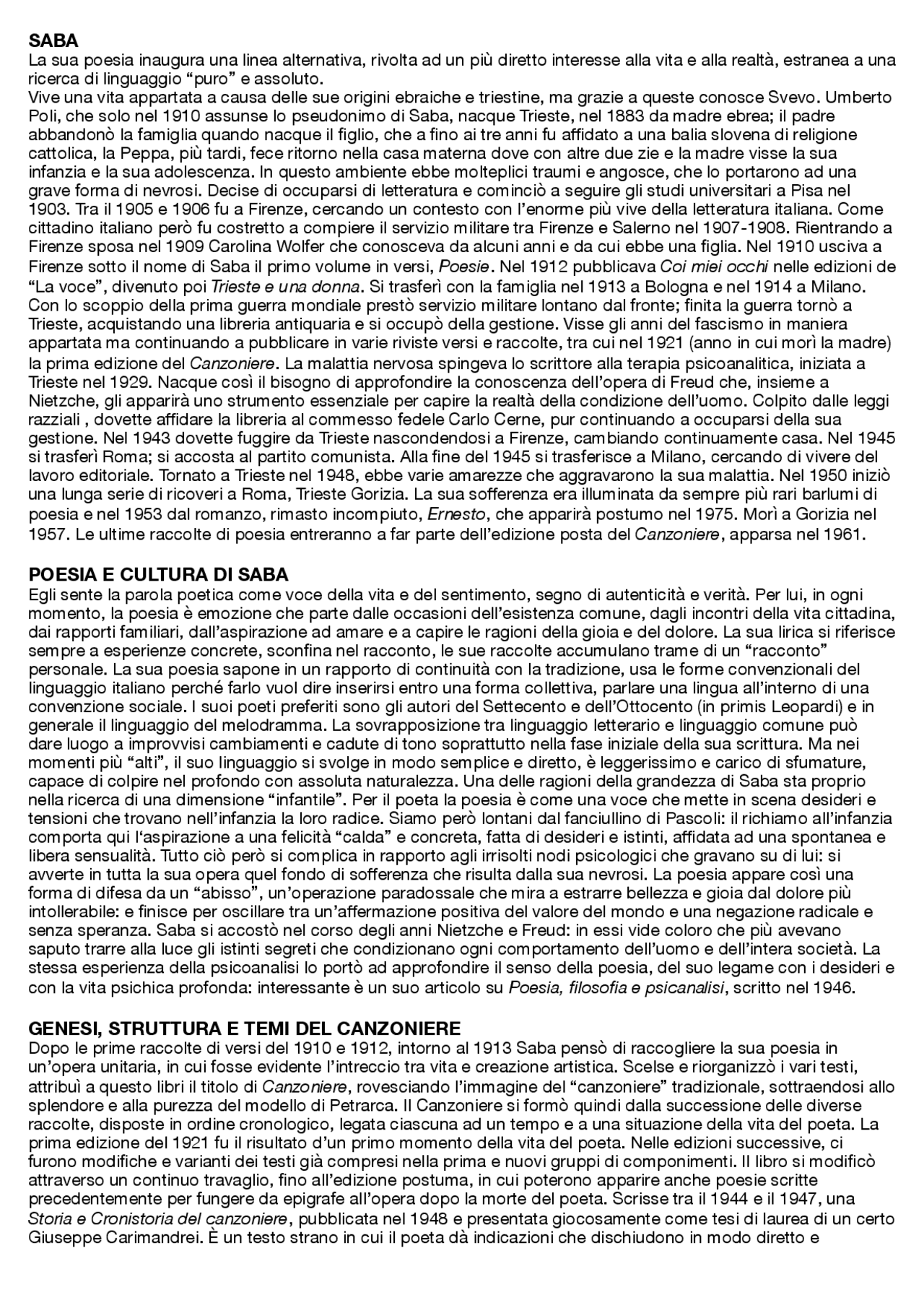 Riassunto Saba Pdf Sintetico Docsity