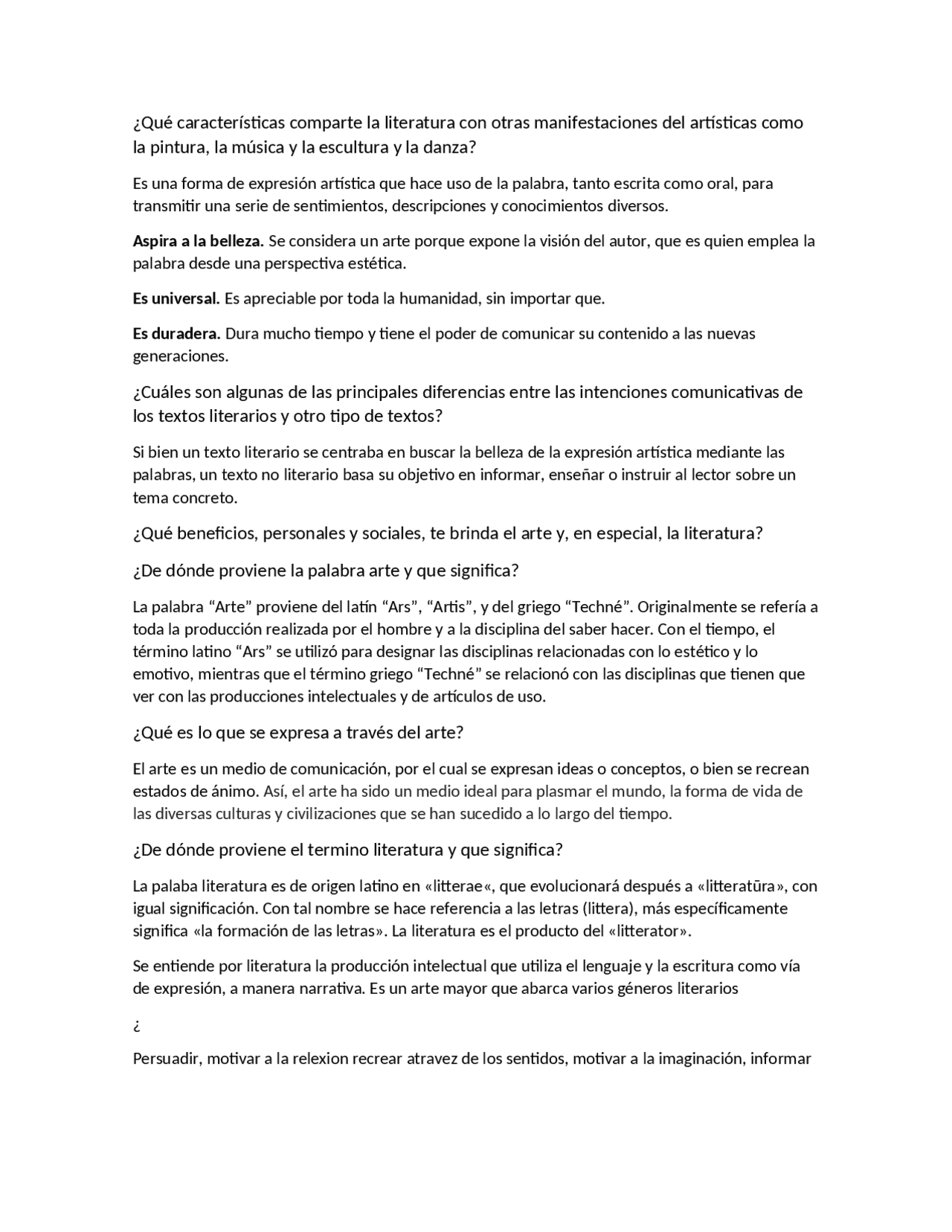 La literatura como arte | Ejercicios de Literatura Universal | Docsity