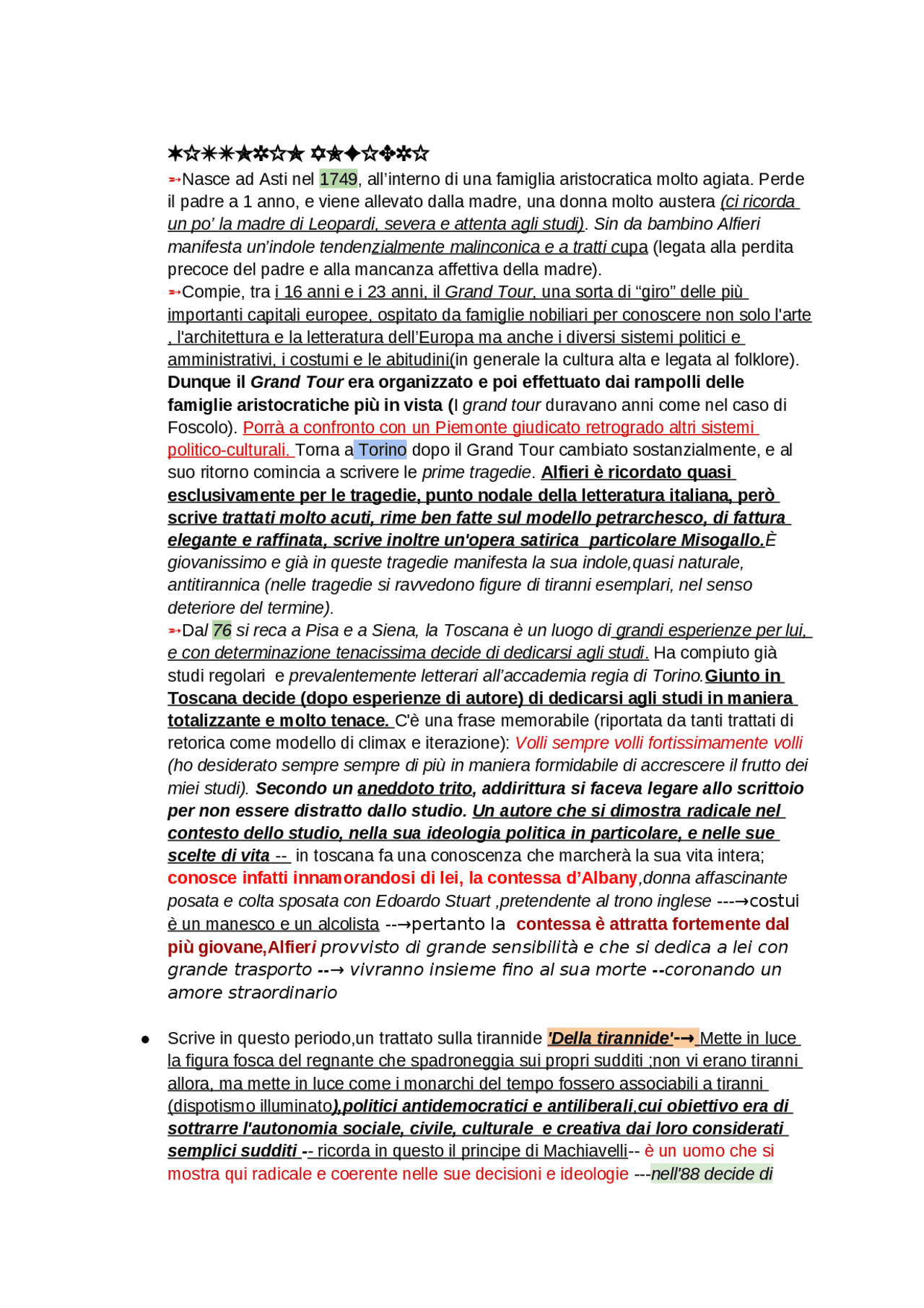 Riassunto Di Alfieri E Goldoni Docsity