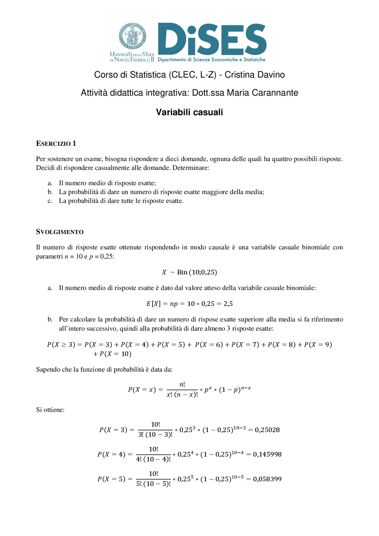 Esercizi Normale E Binomiale Docsity