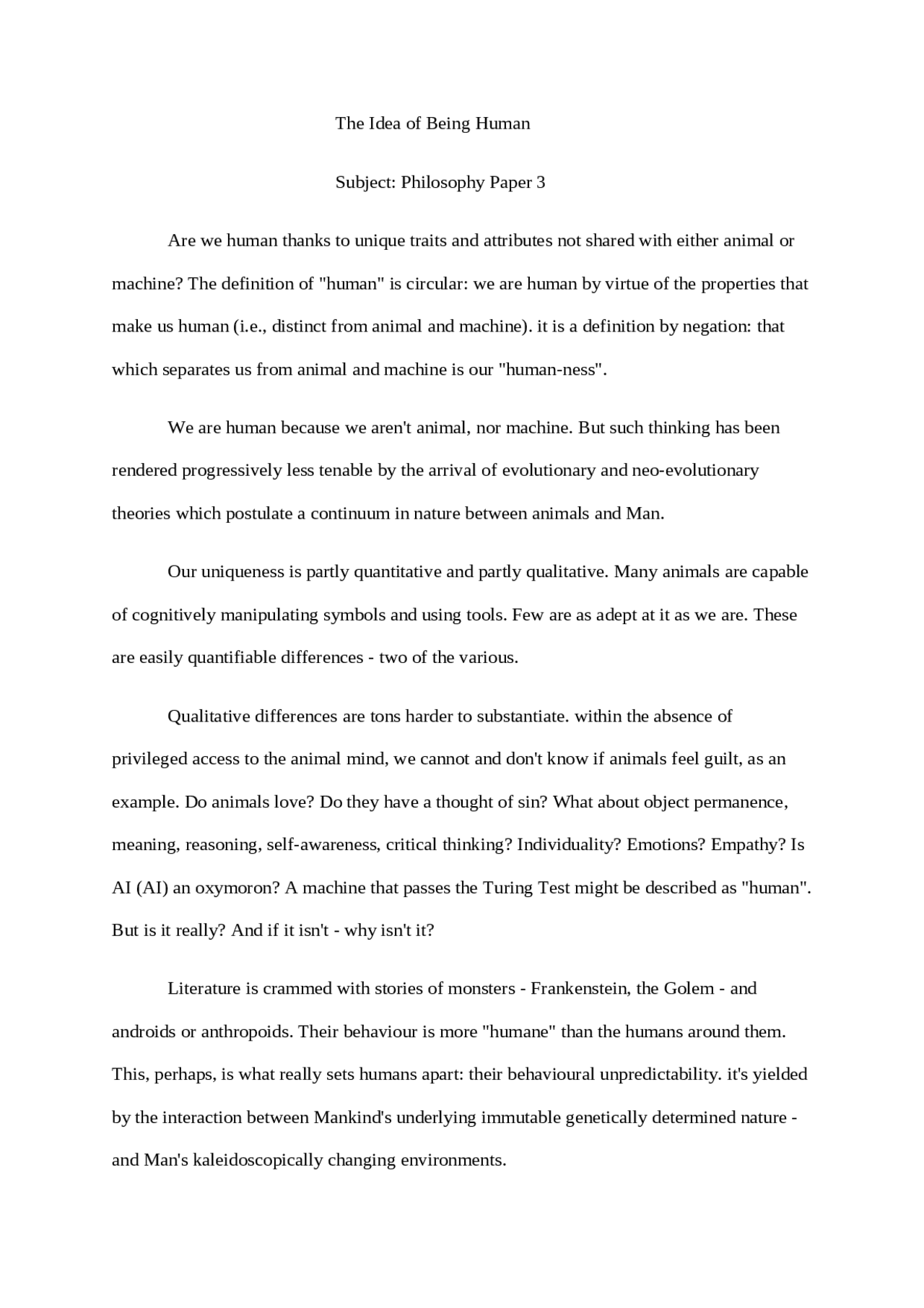 The Idea of Being Human - Docsity