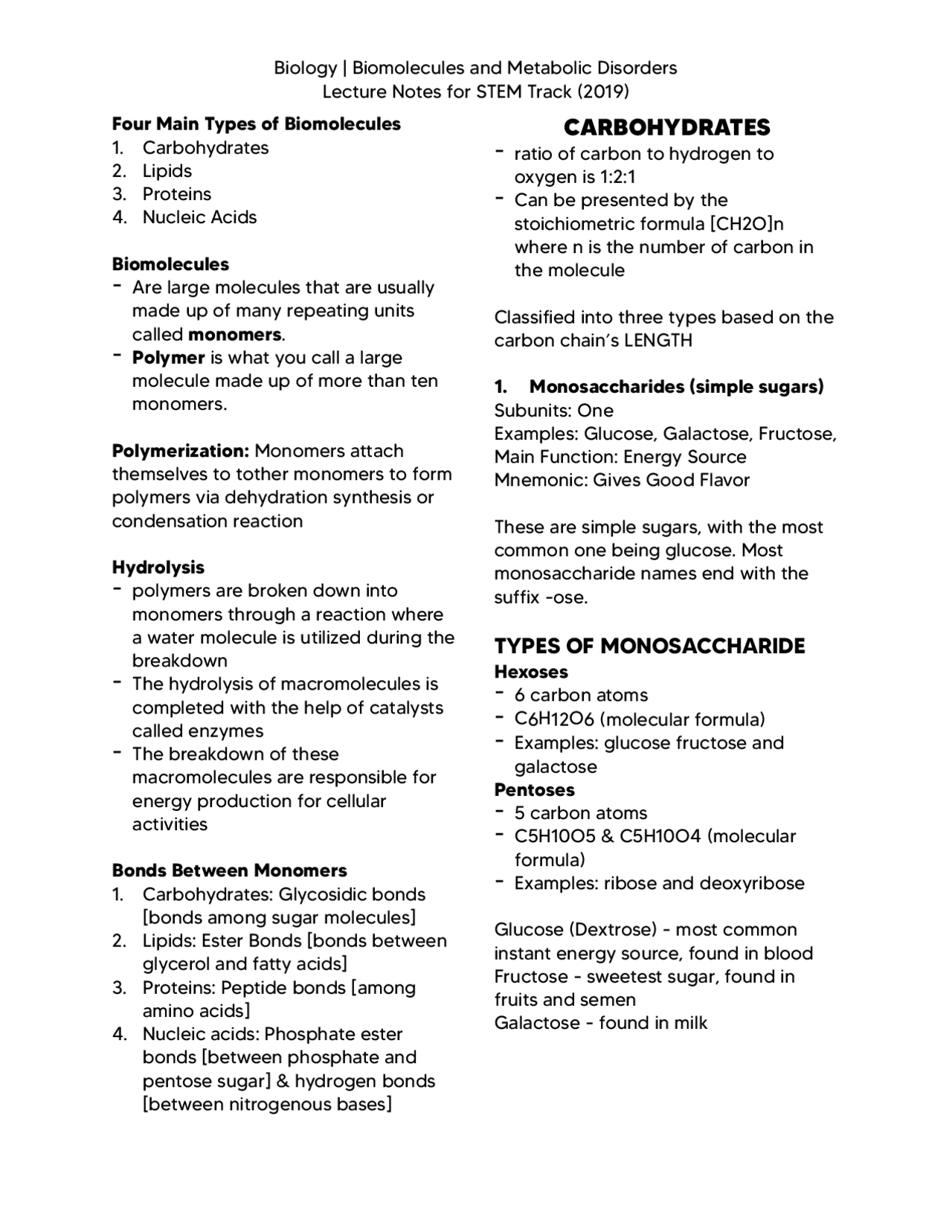 Biology Biomolecules And Metabolic Disorders Docsity