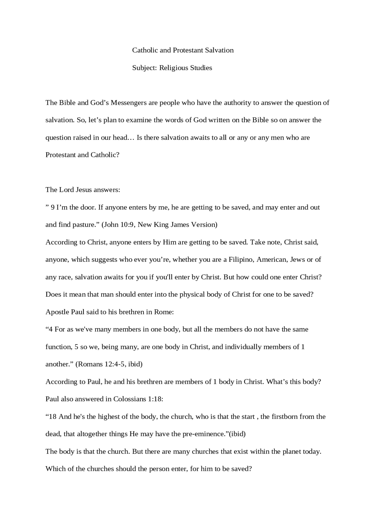 Catholic and Protestant Salvation - Docsity
