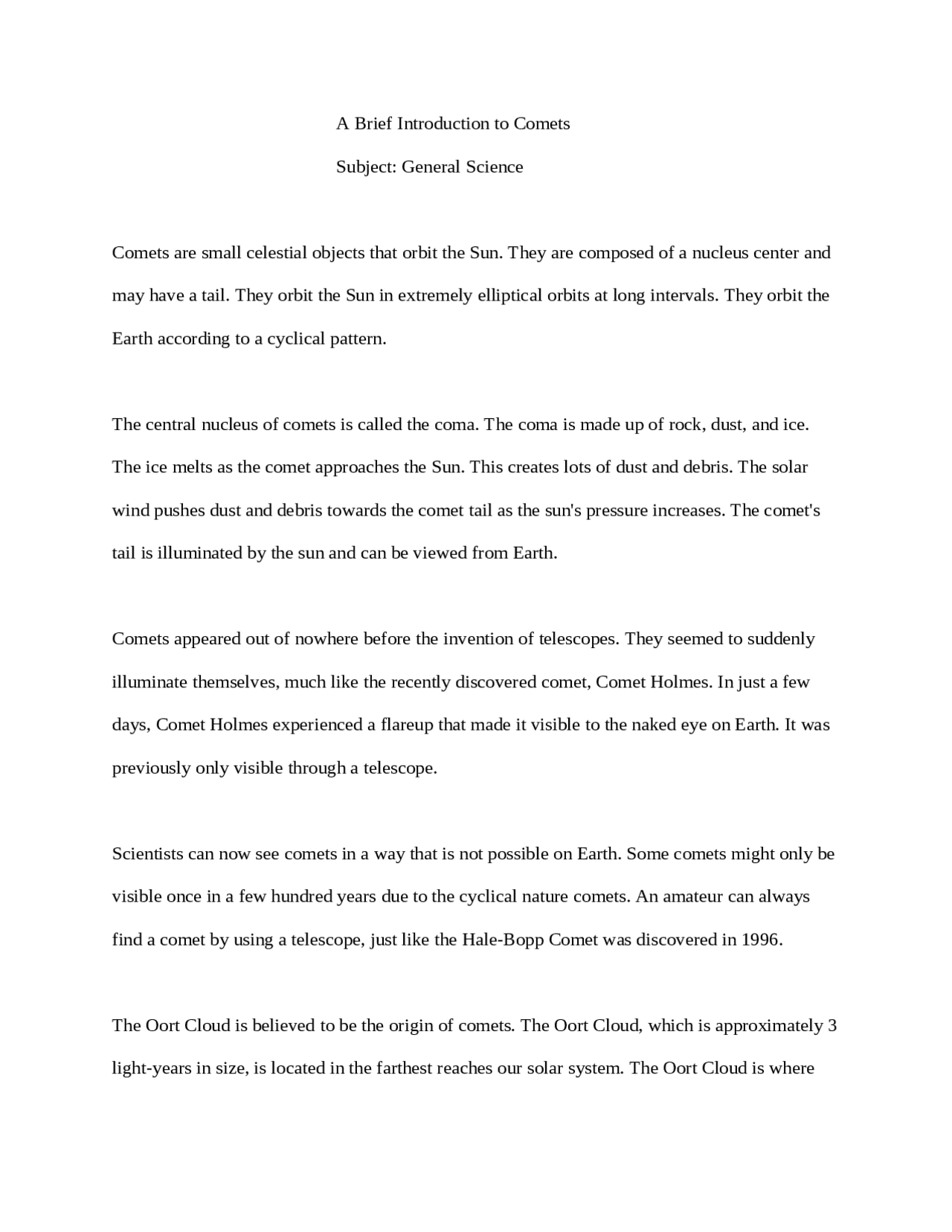 A Brief Introduction to Comets | Essays (university) Health sciences ...