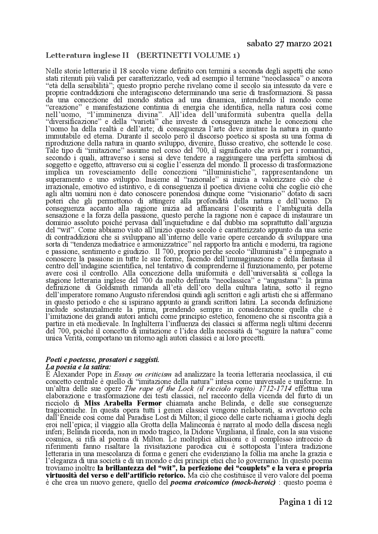 Riassunto Bertinetti Volume 1 Docsity
