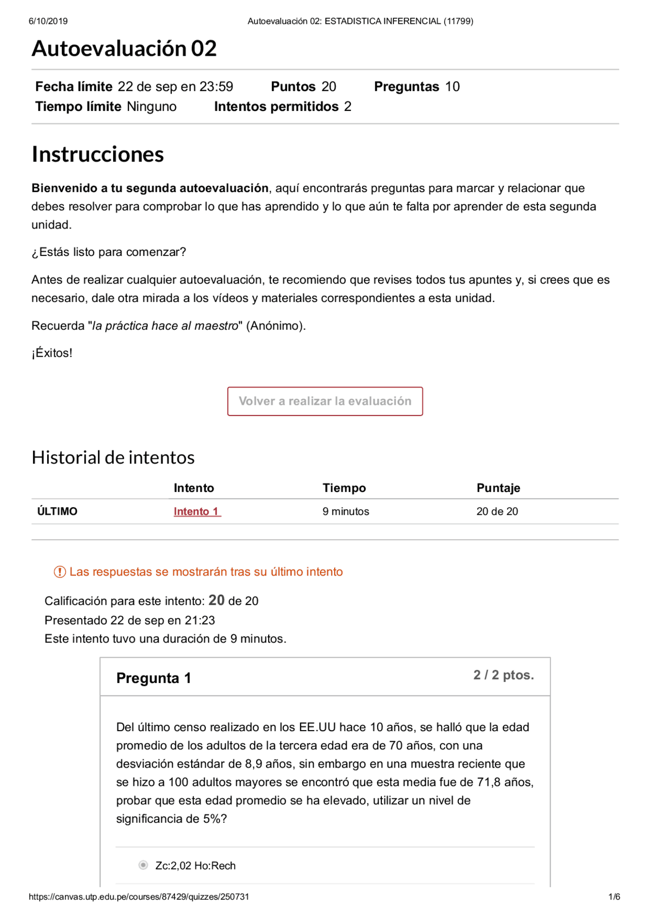 Autoevaluación 02 Estadistica Inferencial Exercícios De Statistica