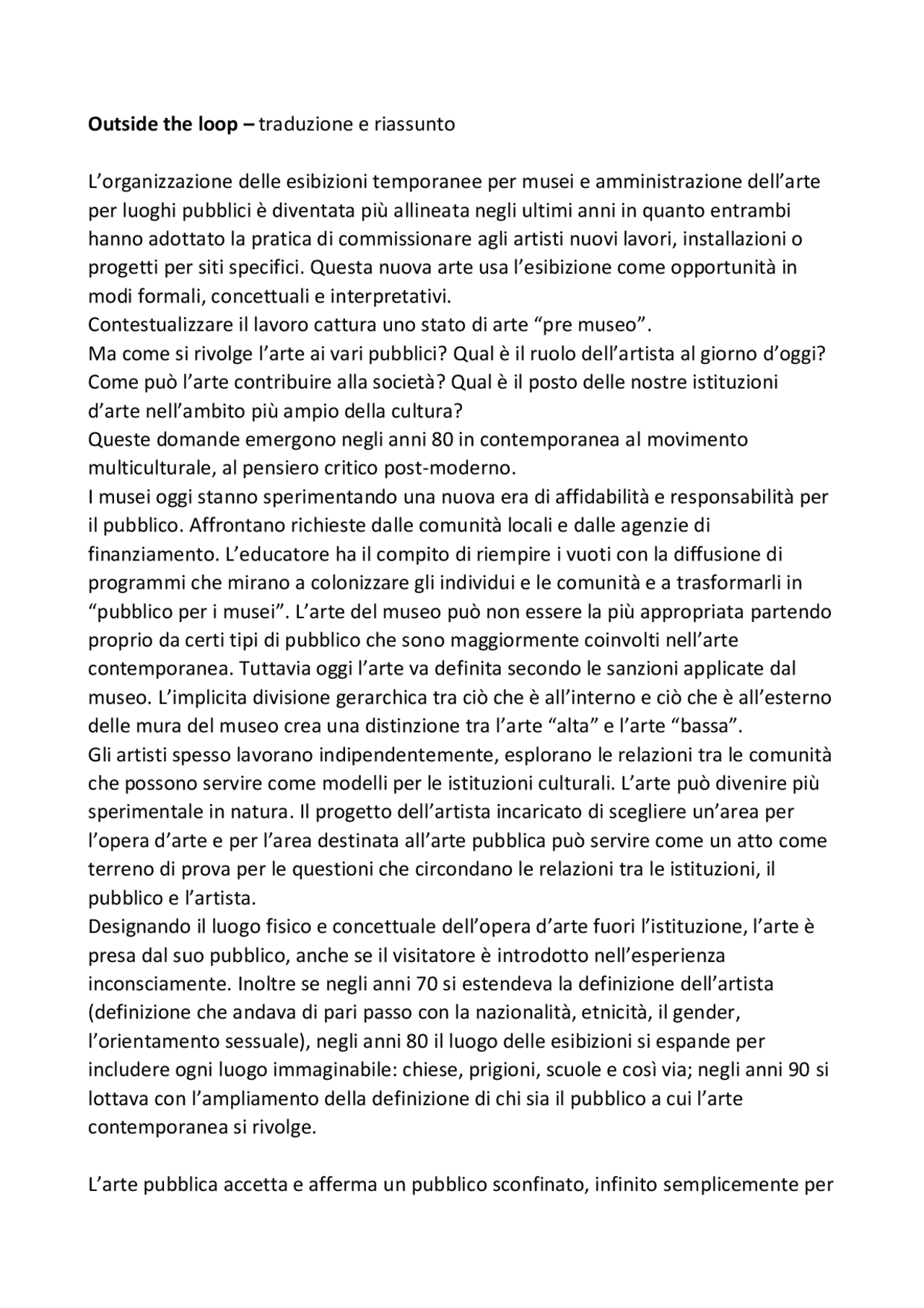 Riassunto E Traduzione Outside The Loop Docsity