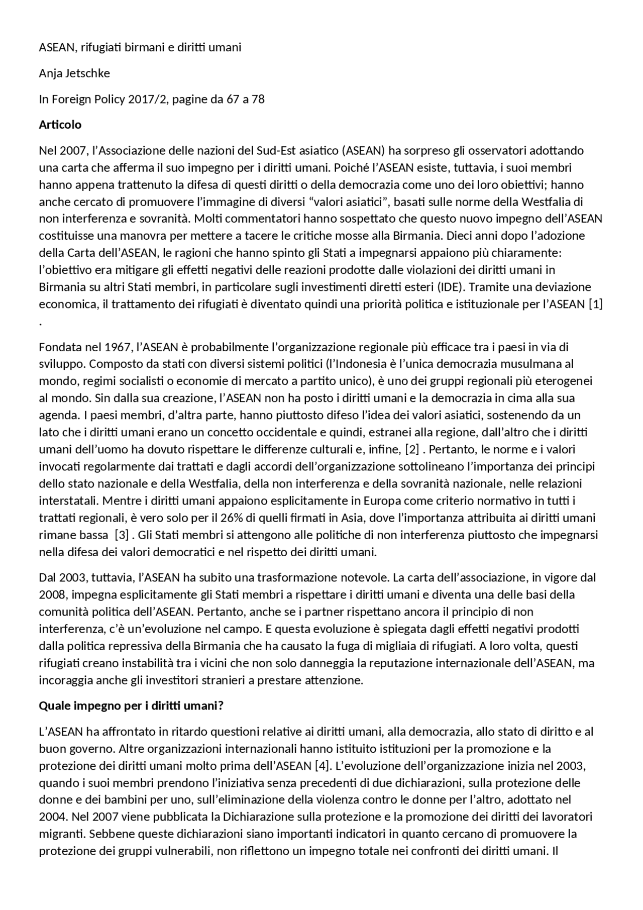 Riassunto Asean Rifugiati Birmani E Diritti Umani Docsity
