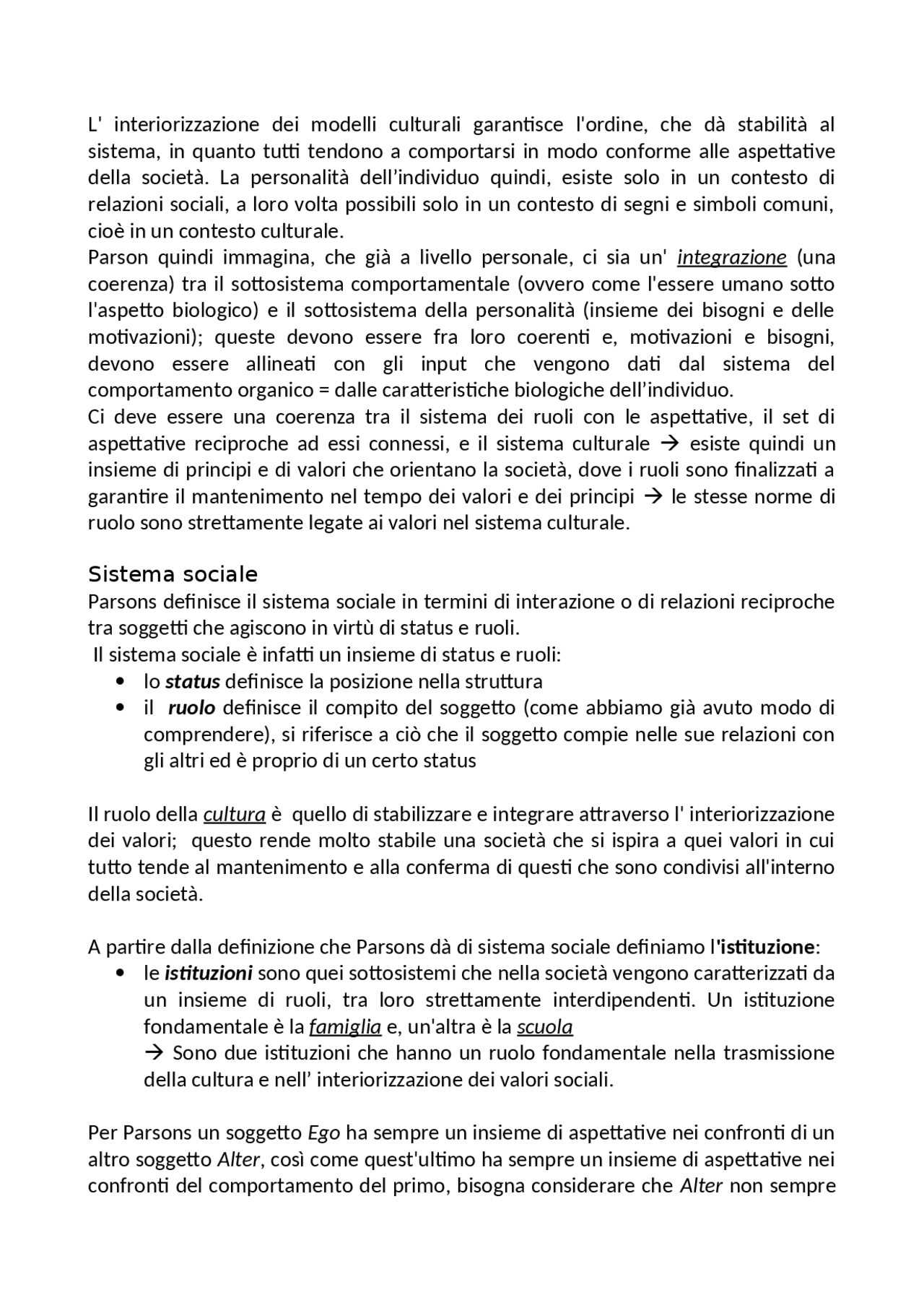 Talcott Parsons E Il Suo Pensiero Docsity
