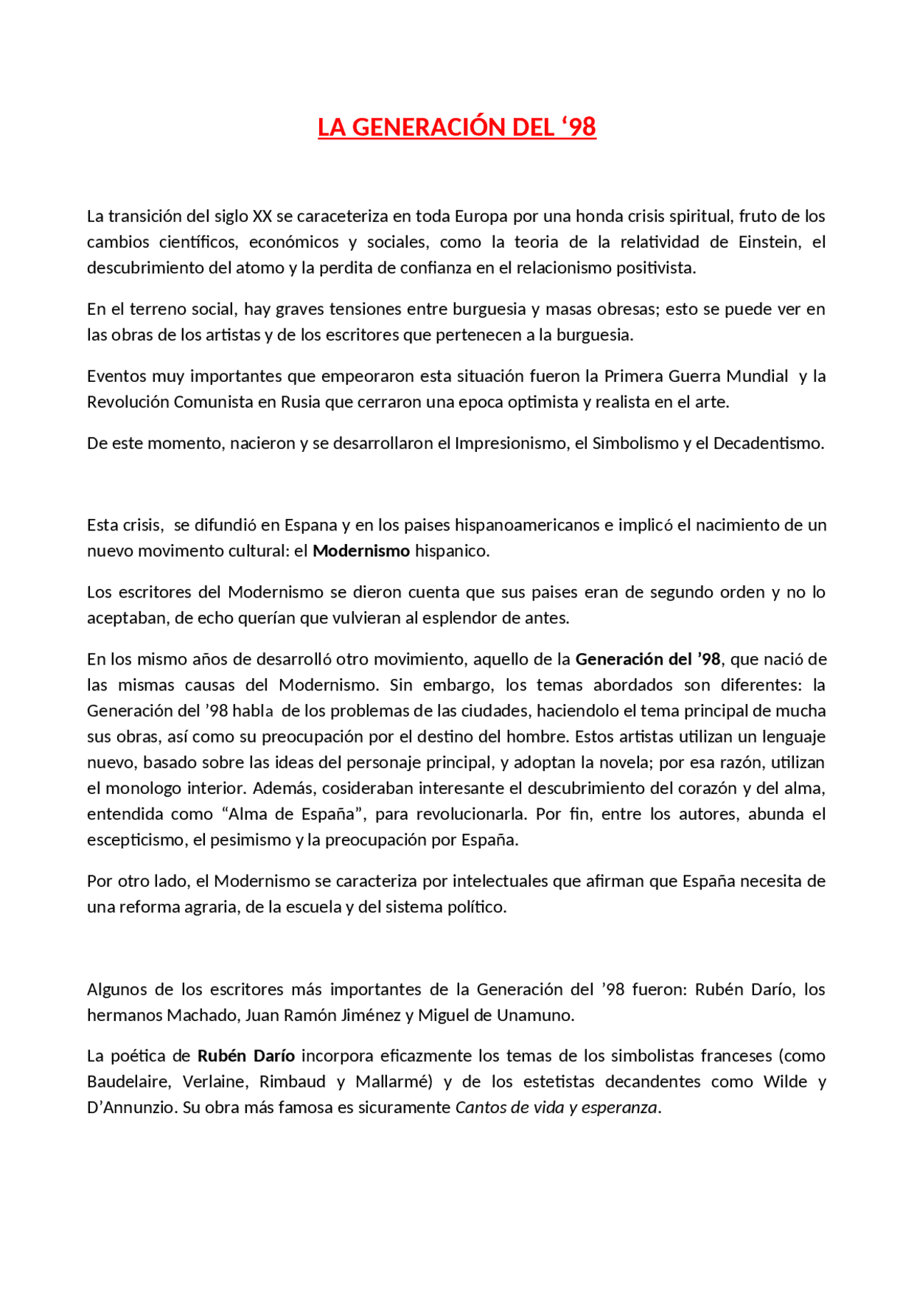 Generazione del '98 in Spagna - Docsity