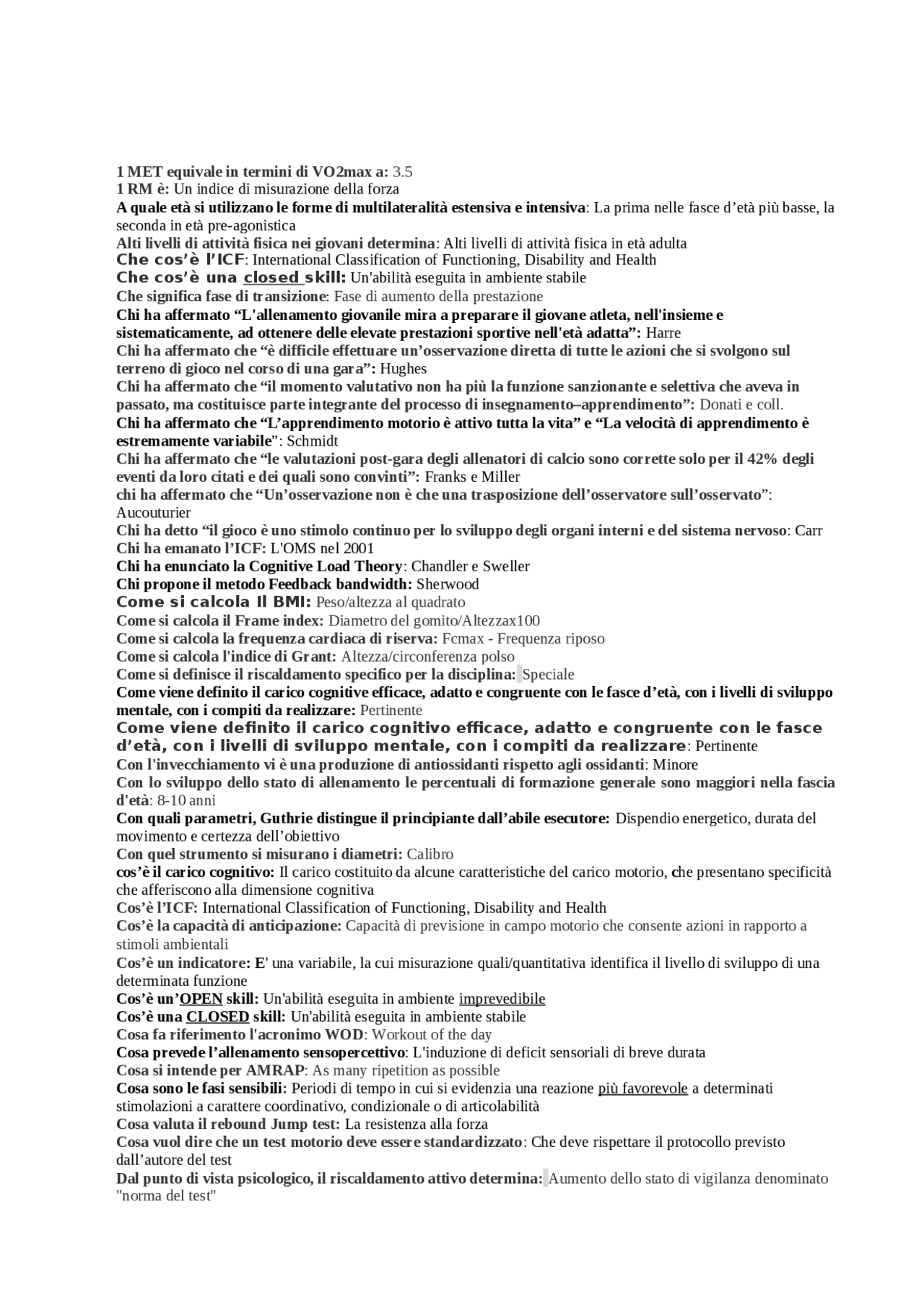 Test Attività Motorie Docsity