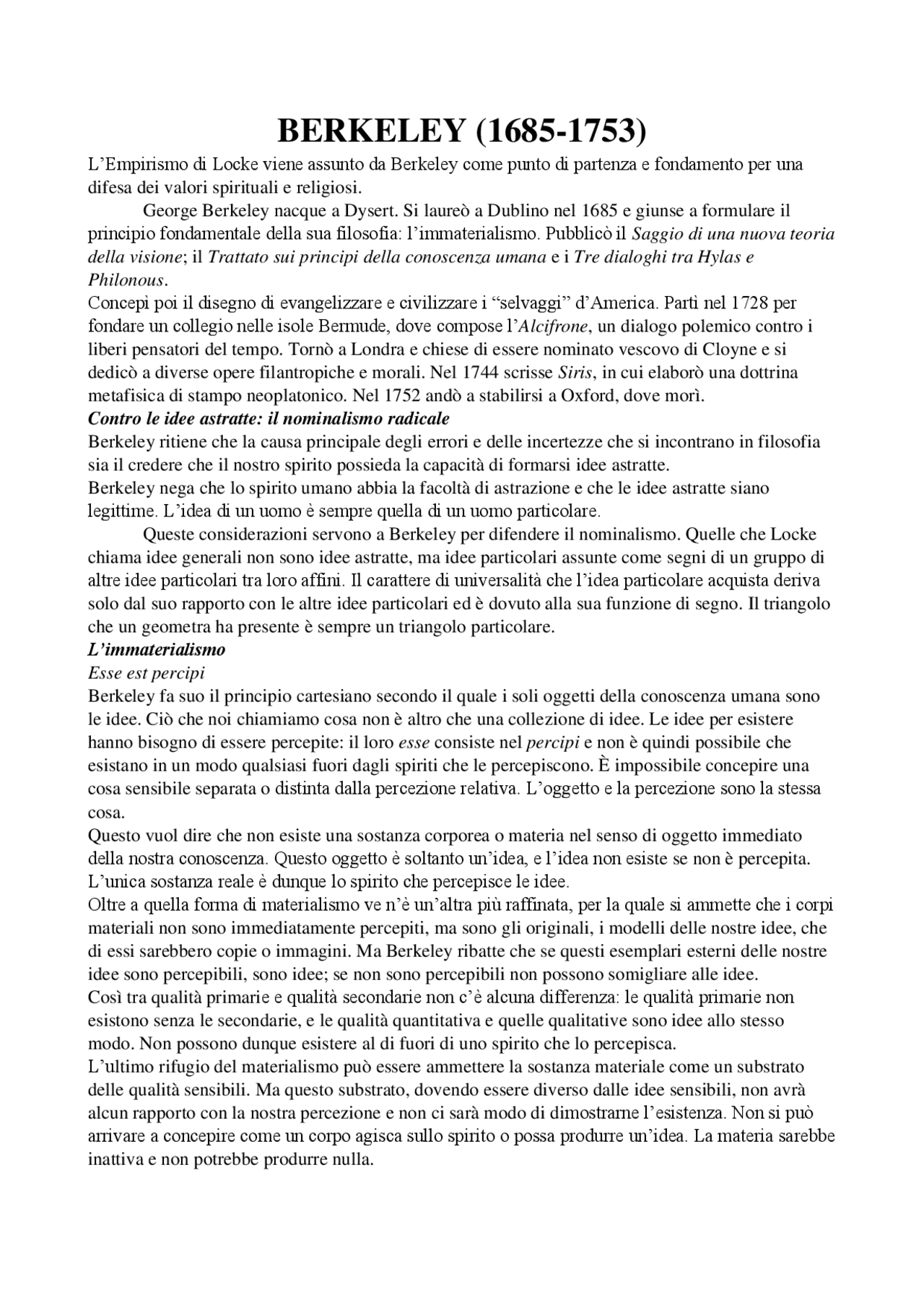 Riassunto Dettagliato Berkeley Docsity
