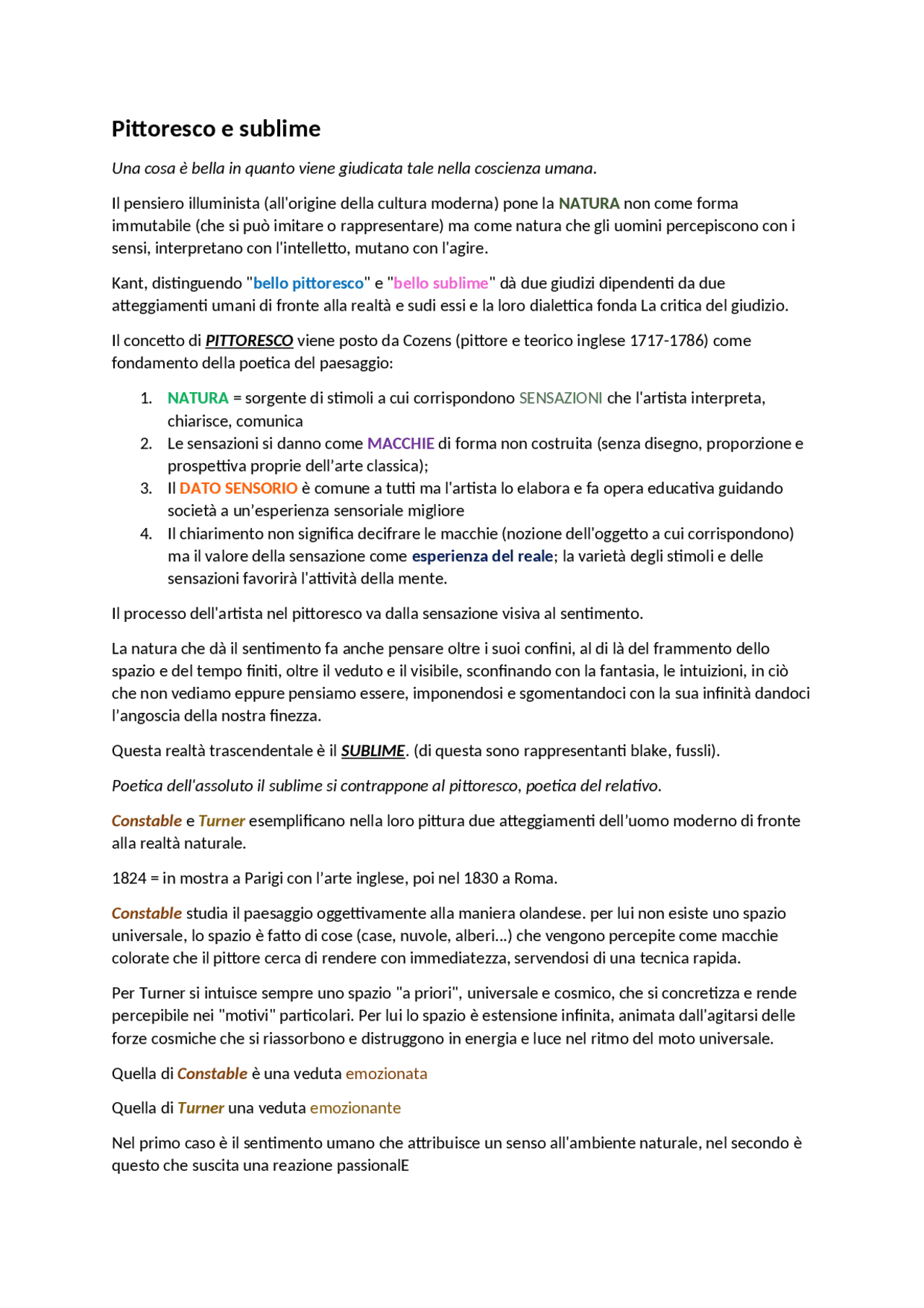 Spiegazione Del Pittoresco E Sublime Nellarte Docsity